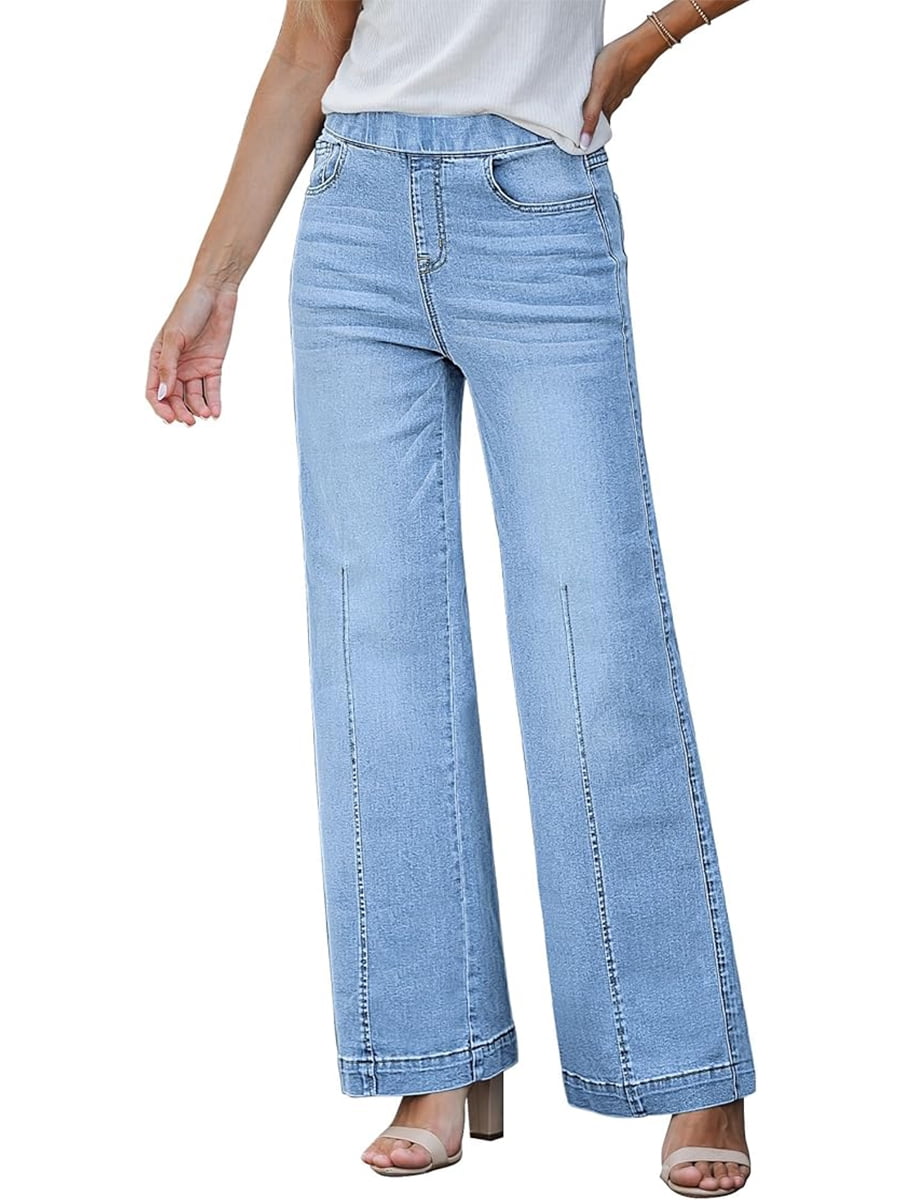 High Waist Wide Leg Jeans, Light Blue Denim, Classic Seam Detail (US, Alpha, Medium, Regular ...