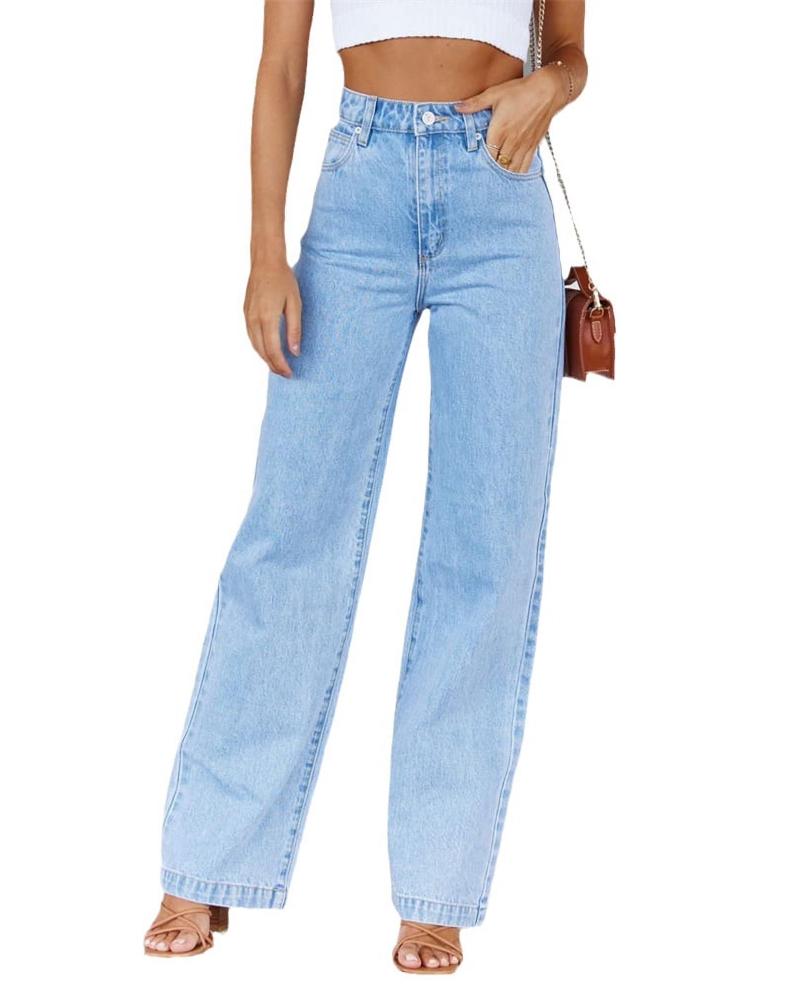 High Waist Women Blue Wide Leg Pants Casual Denim Jeans - Walmart.com