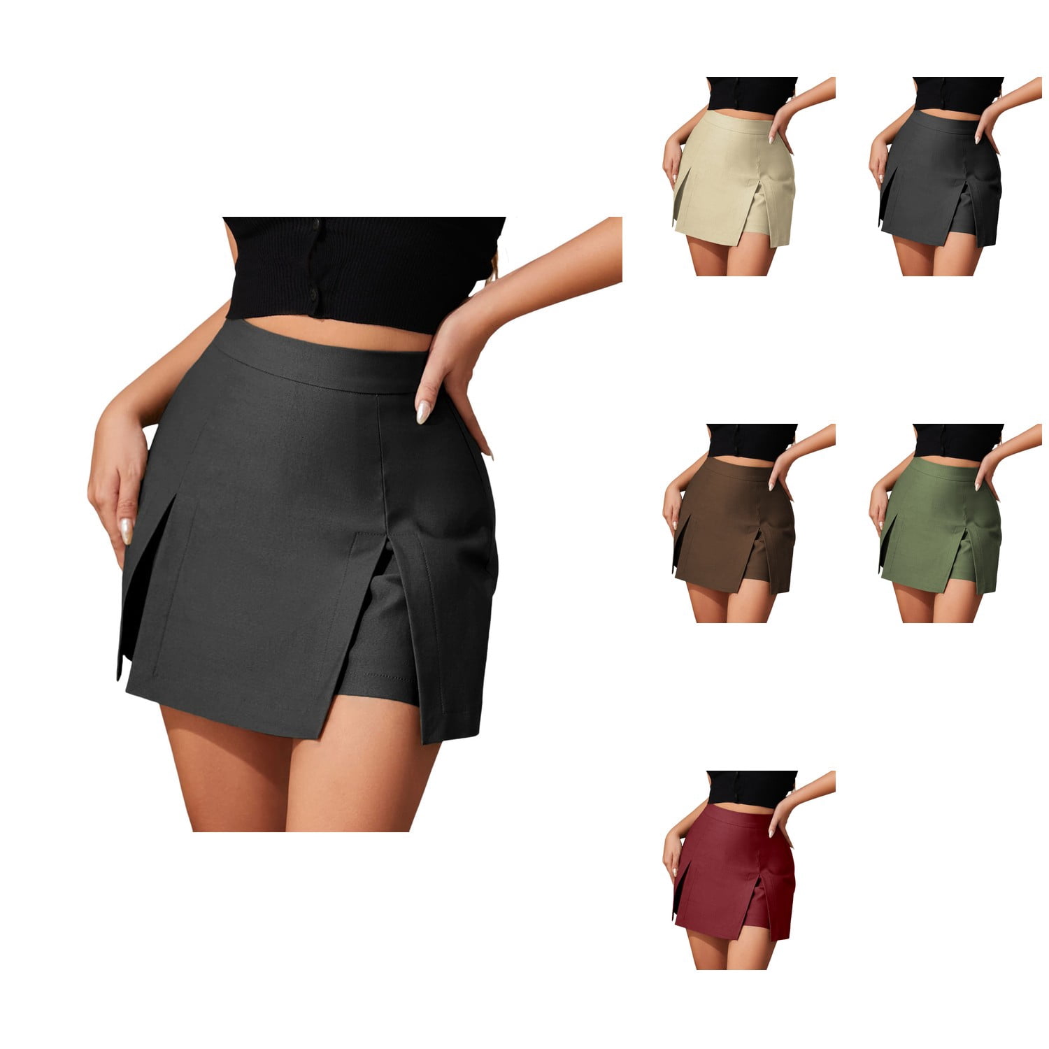 High Waisted Elastic Mini Skort, Double Slit A-Line Short Skirt Pants ...