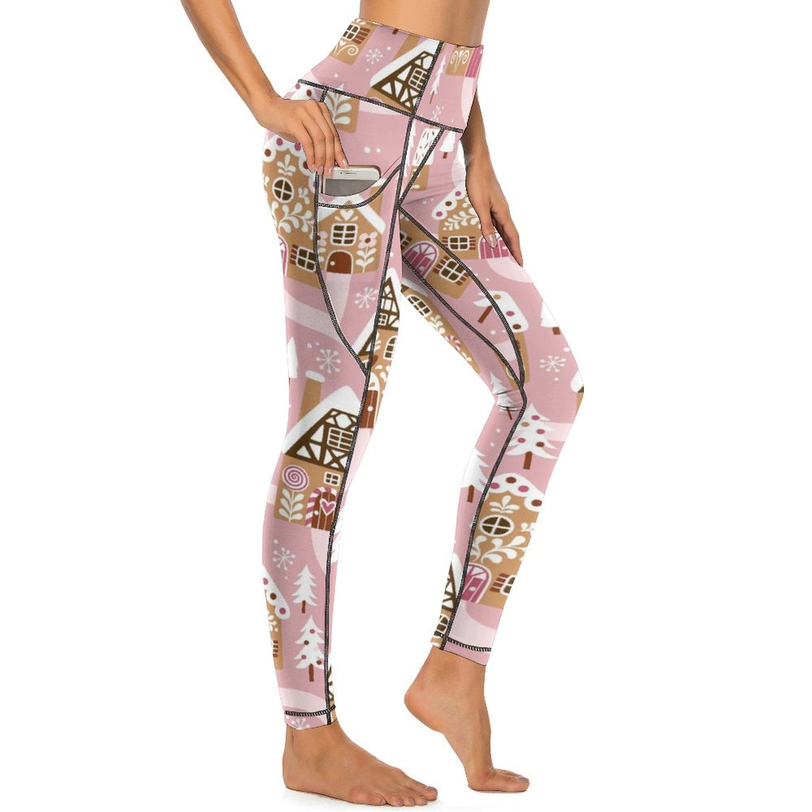 High Waisted Leggings for Women - Gingerbread Houses Pink Wonderland ...