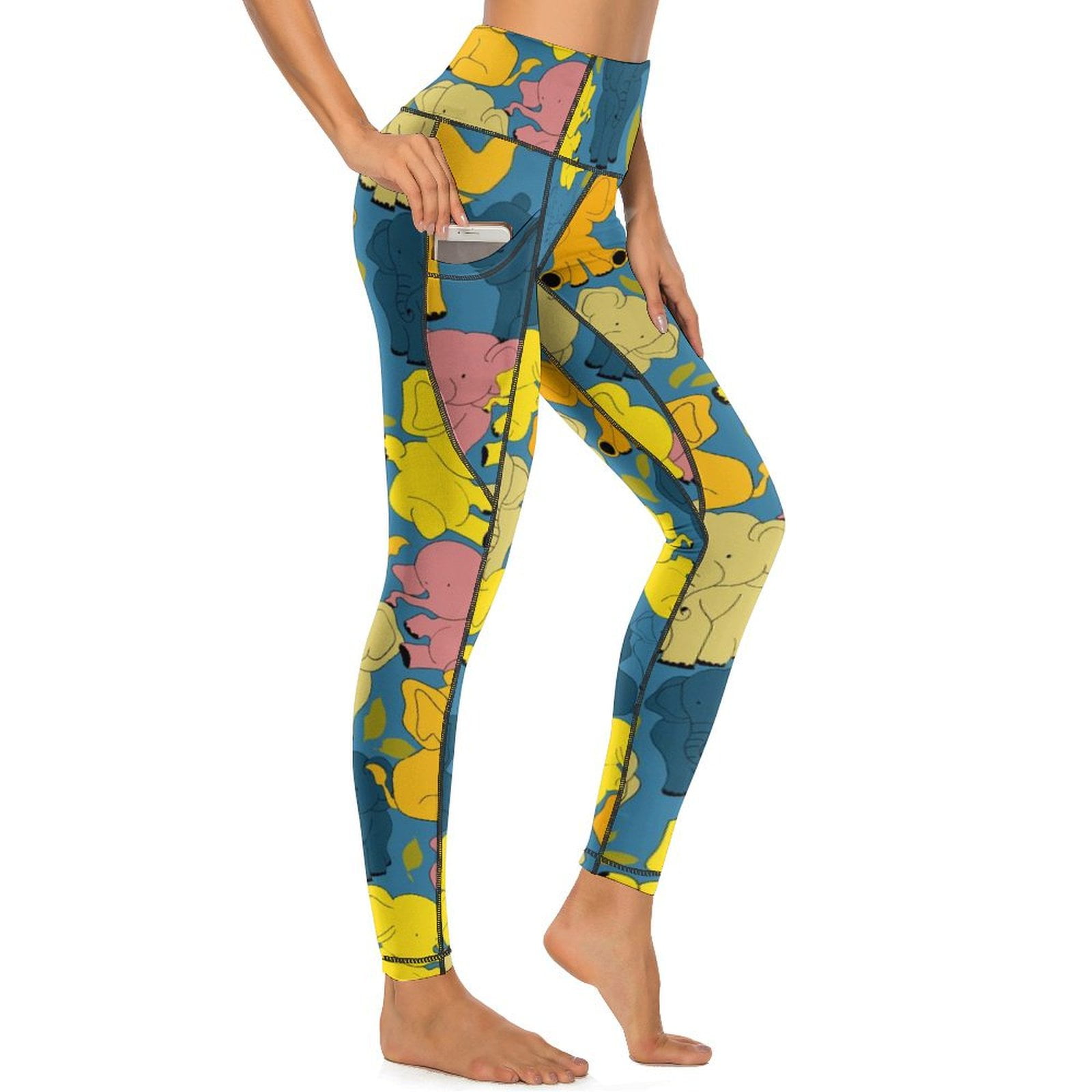 High Waisted Leggings for Women, Retro Boho Elephants Tummy Control ...