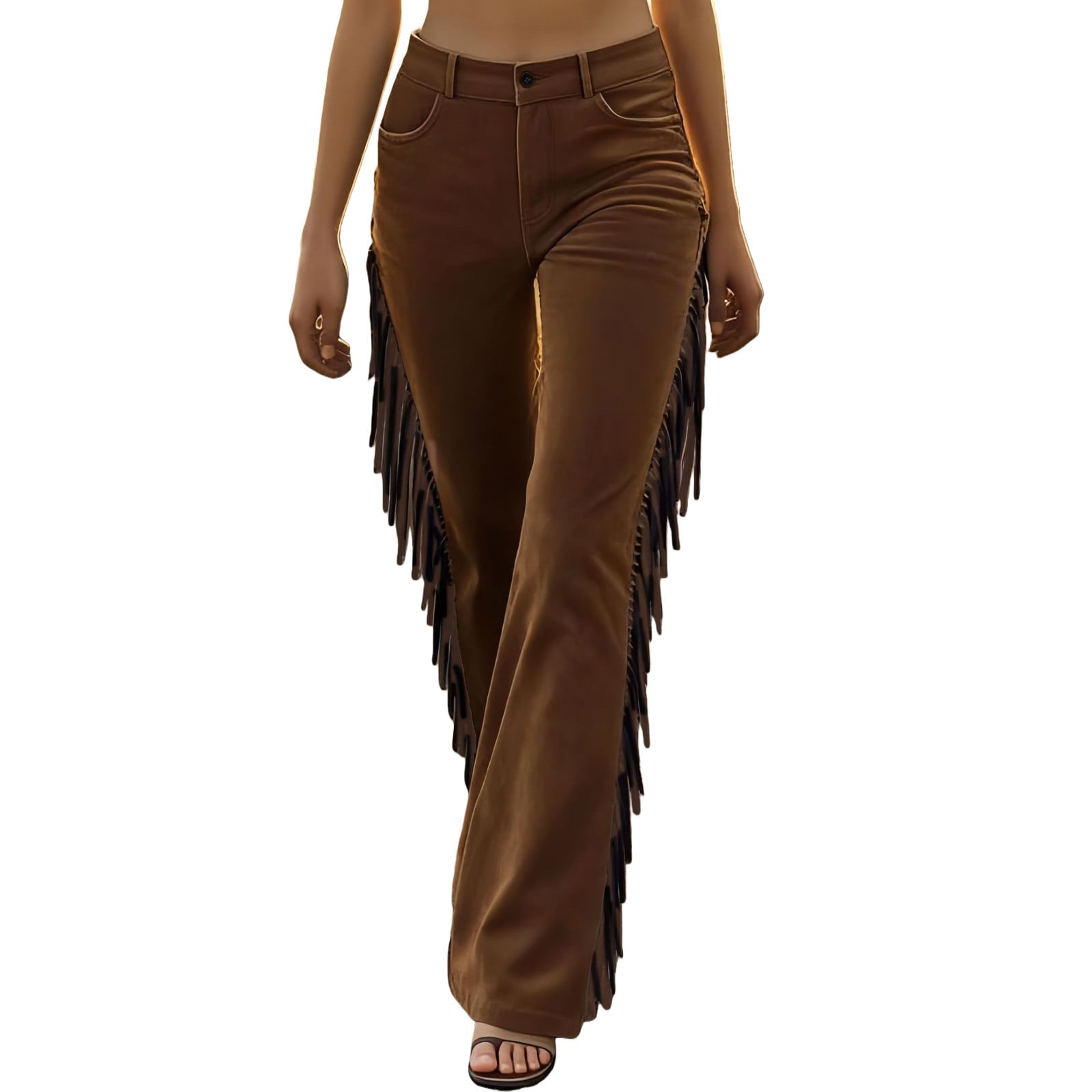 High Waisted Pants for Women Elastic Waist Fringe Flare Western Denim ...