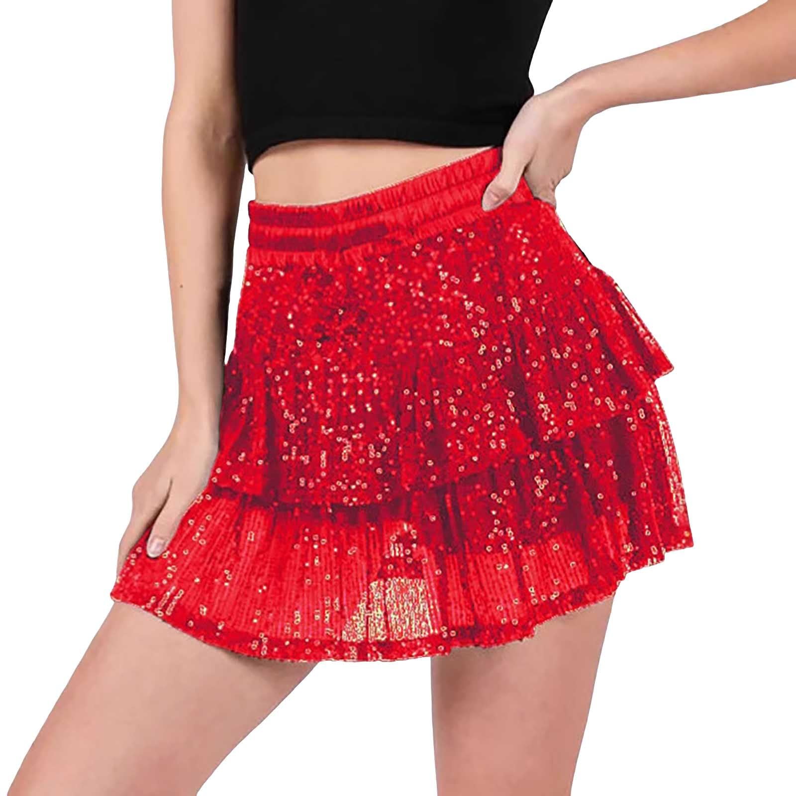 High Waisted Skirts Women Sequin Skirt Glitter Cute Ruffle Flowy Shiny Glitter Mini Skirts Night ...