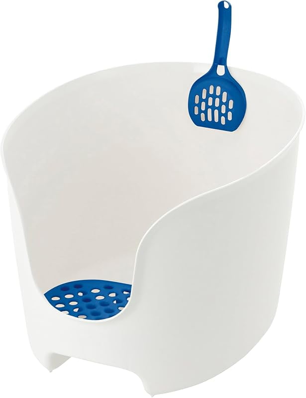 High Wall Cat Litter Box in White/Blue - High Sides Waste Box, Anti ...
