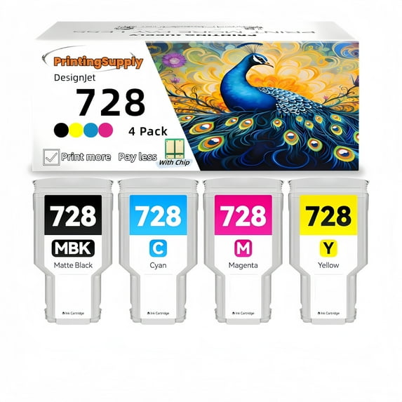 4 Pack 728 BKCMY Ink Cartridge Replacement for HP 728 Ink Cartridge ...