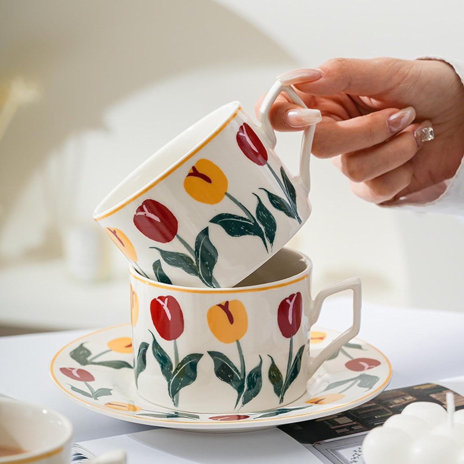 High-value Hand-painted Vintage Ceramic Tulip Coffee Cup Set - Creative ...