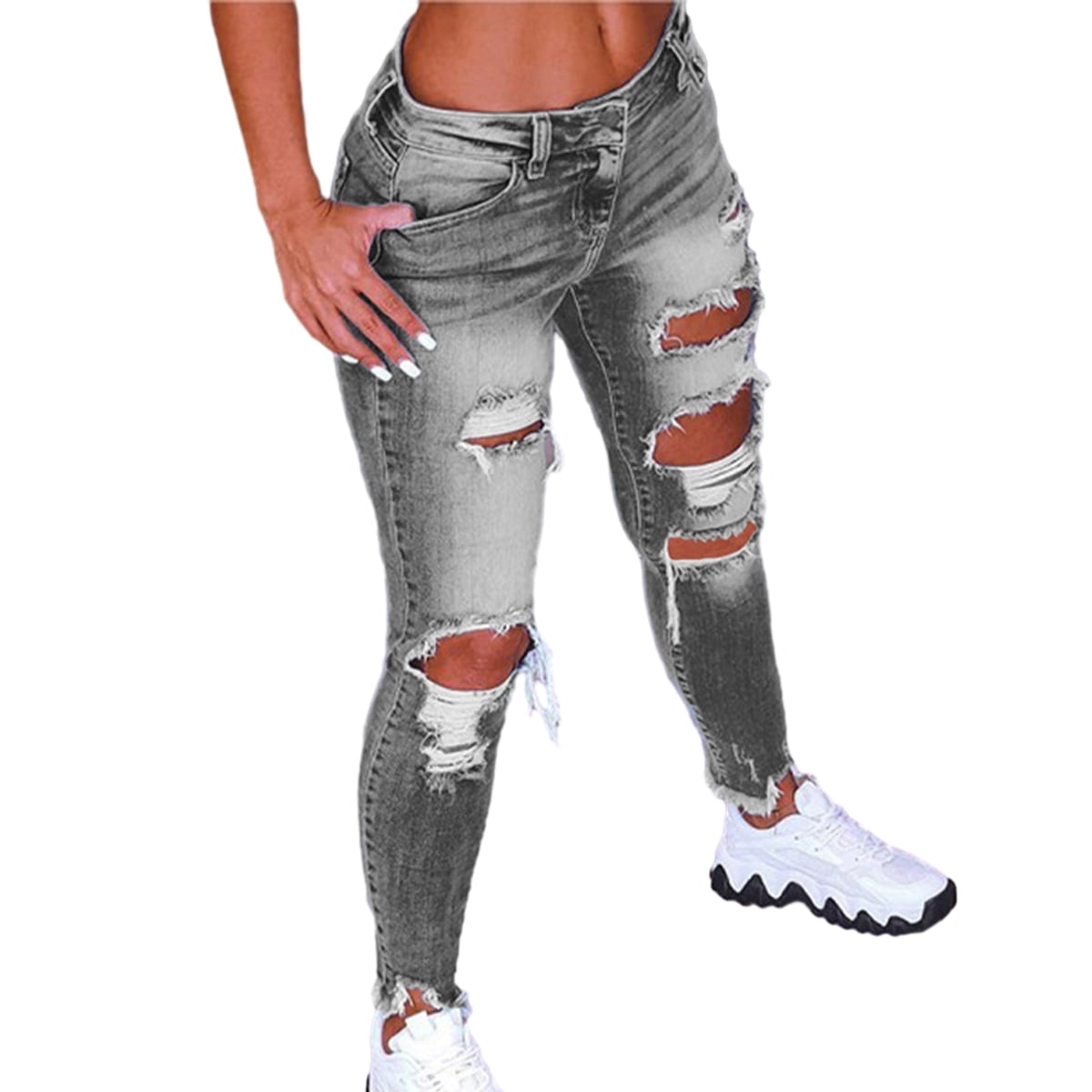 High-waisted ripped jeans Stretch ripped jeans Women's skinny ripped ...