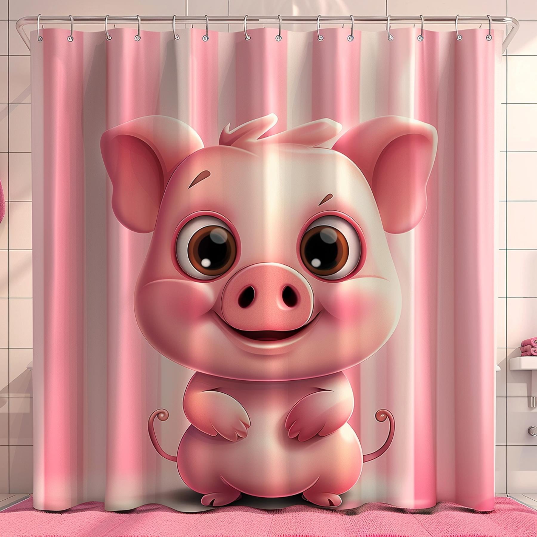 HighQuality Cute Pink Pig Cartoon Shower Curtain with White Border ...