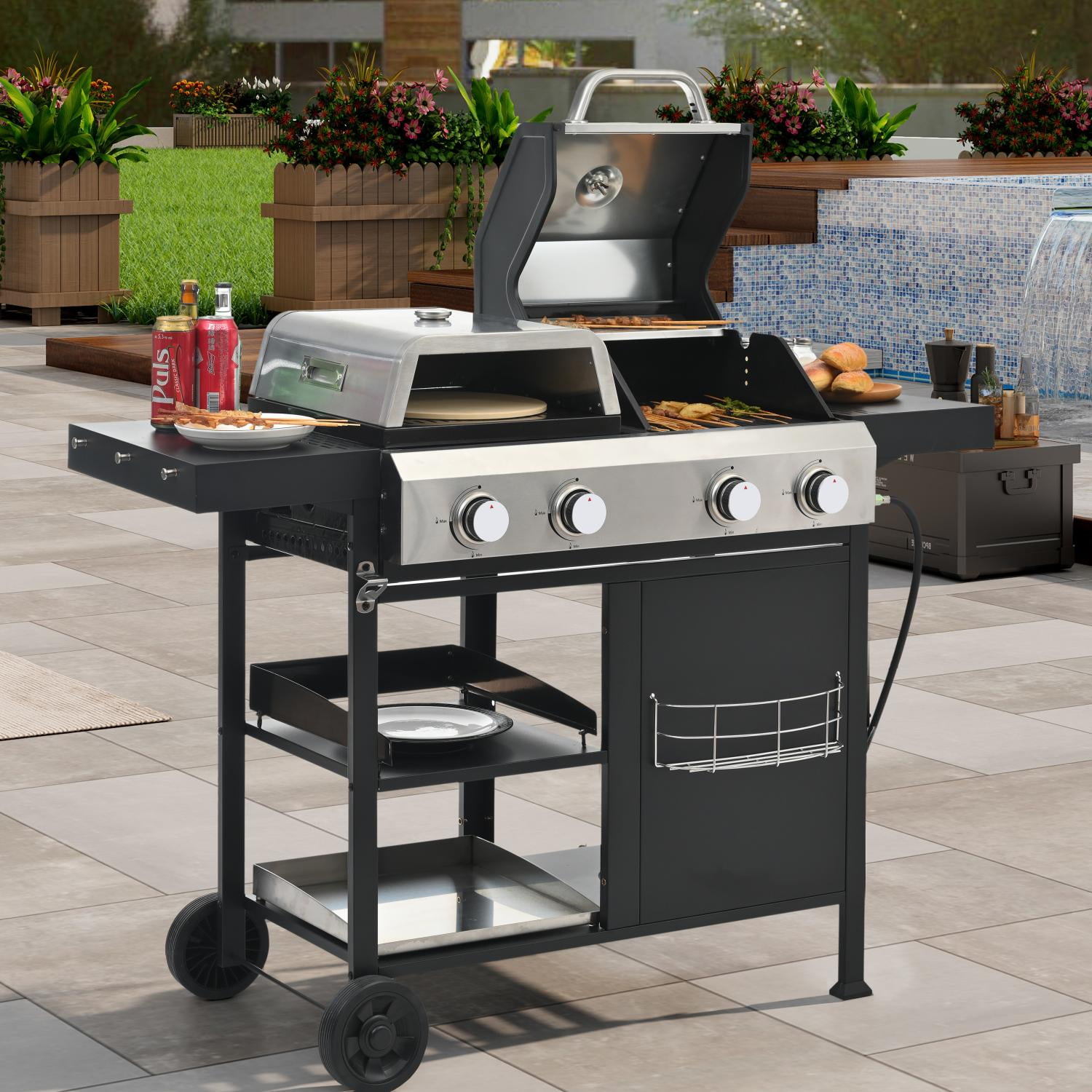 HighSound 4-Burner Propane Gas Grill & Griddle Combo with Cover & Pizza ...