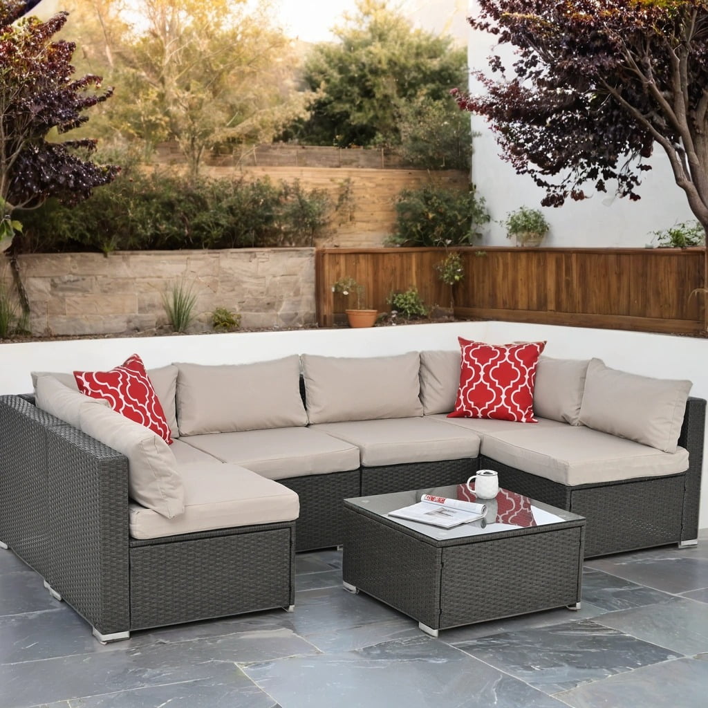 HighSound 7 Piece Patio Furniture Set, Outdoor Wicker Patio Sectional ...