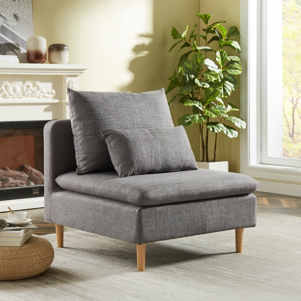 HighSound Modern Fabric Upholstered Armless Accent Chair with 2 Pillows ...