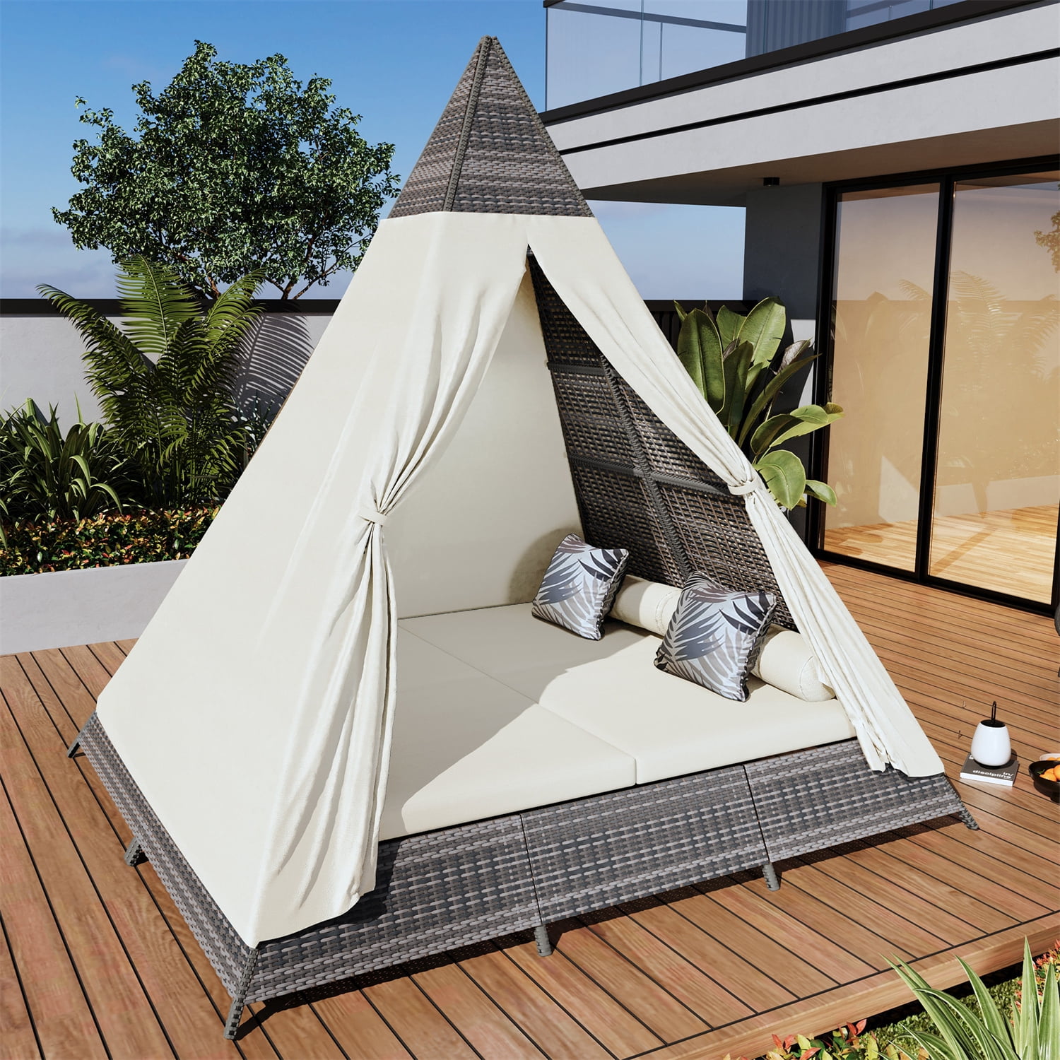 HighSound Patio Outdoor Daybed with Tent, Wicker Sunbed w/Cushions ...
