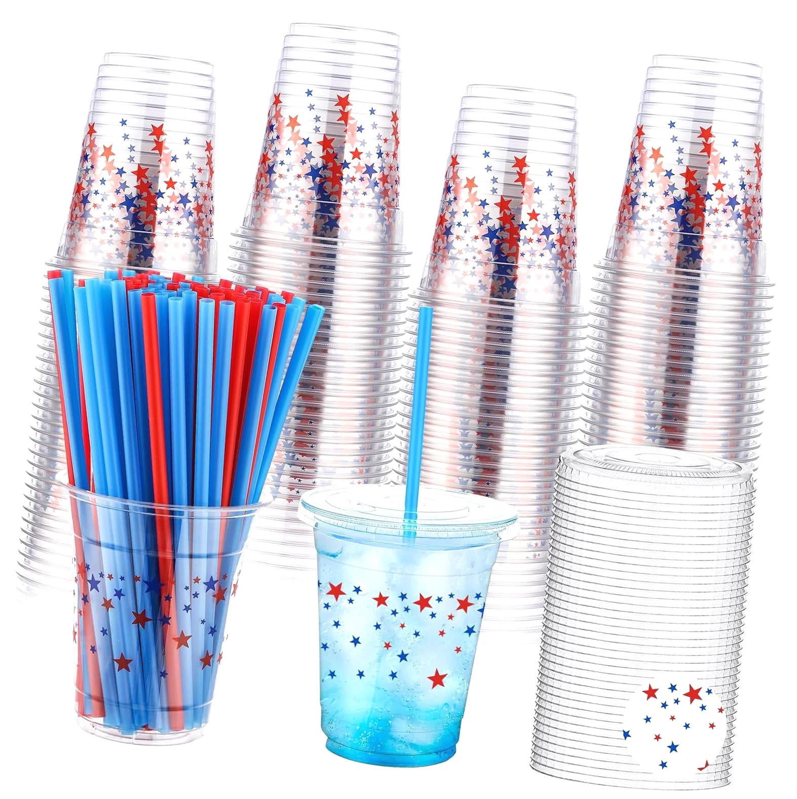 Highcool 100 Sets 12 oz Patriotic Plastic Cups with Straws Star-Themed ...