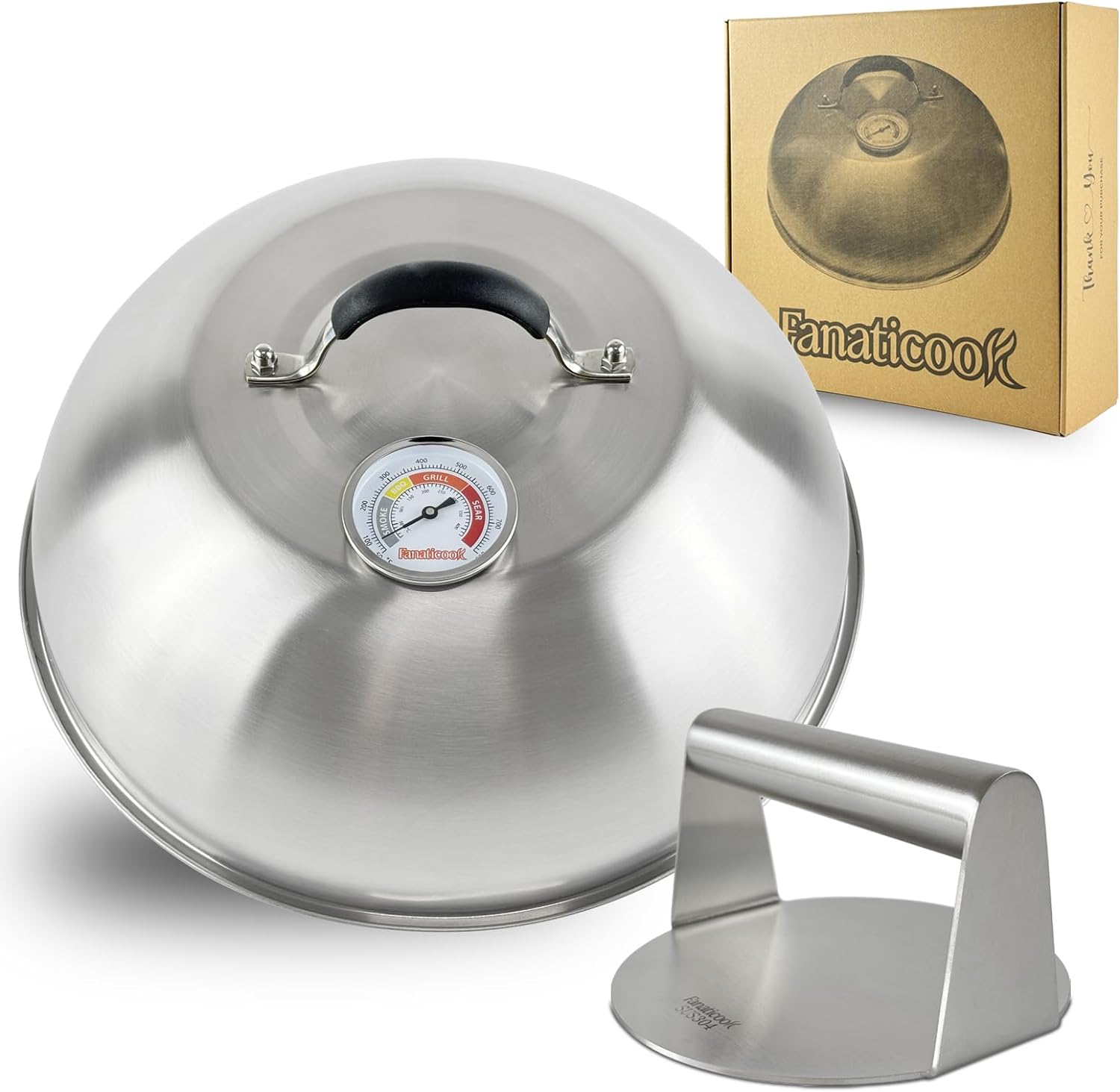 Highcool 12" Round Basting Cover with Grill Thermometer, 304 Stainl ...