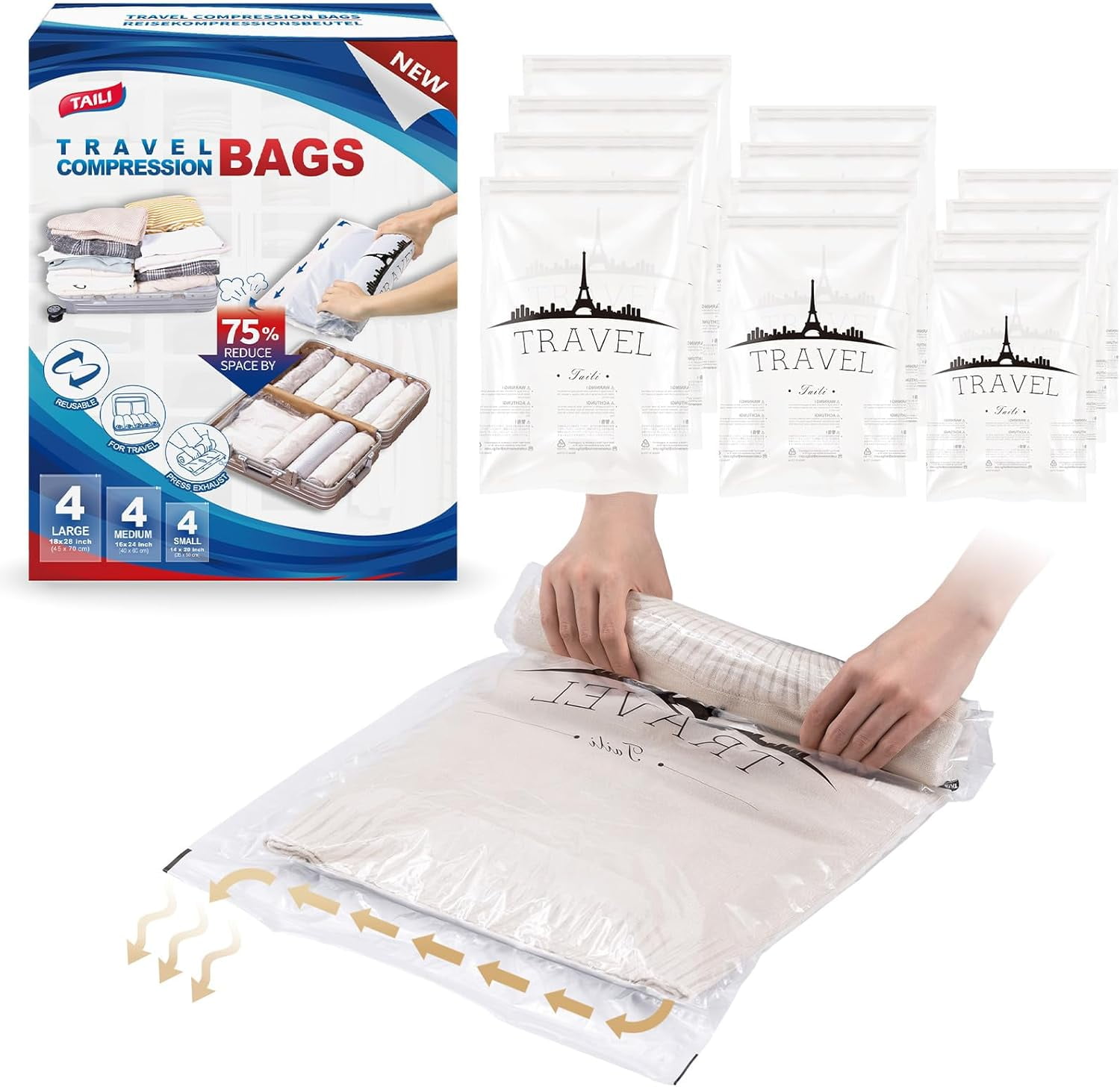 Highcool 12 Travel Compression Bags, Roll Saver Bags (4 Small + 4 ...