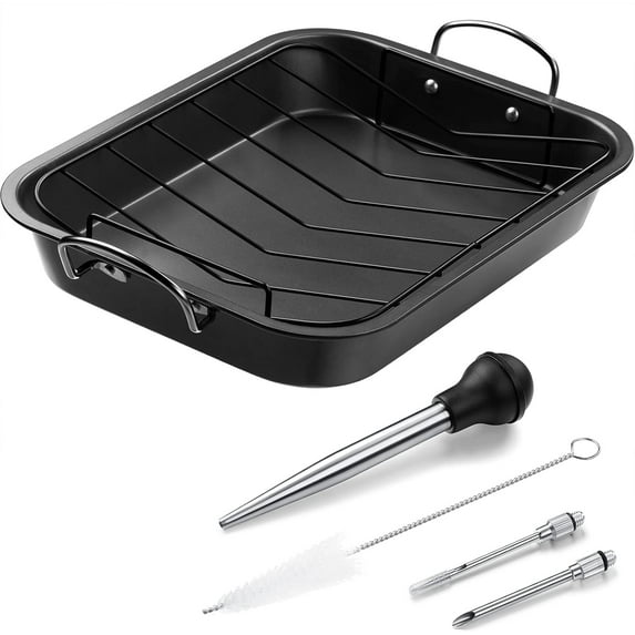 Highcool 14.6 by 11.4 Inch Thanksgiving Turkey Roasting Pan with Rack, Baster, Injector, and ...