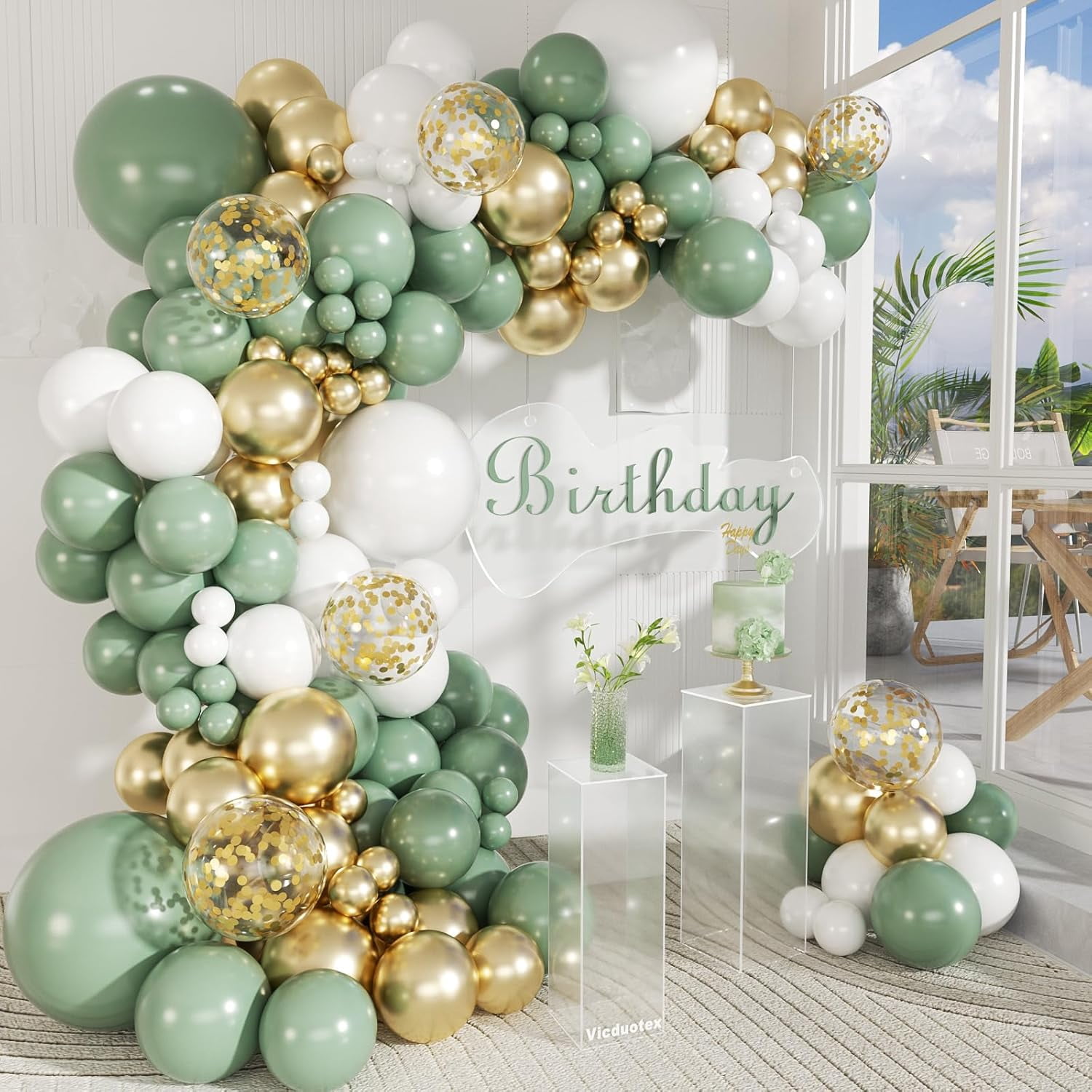 Highcool 147pcs Sage Green Balloon Ar Kit, Sage Green and Gold White ...