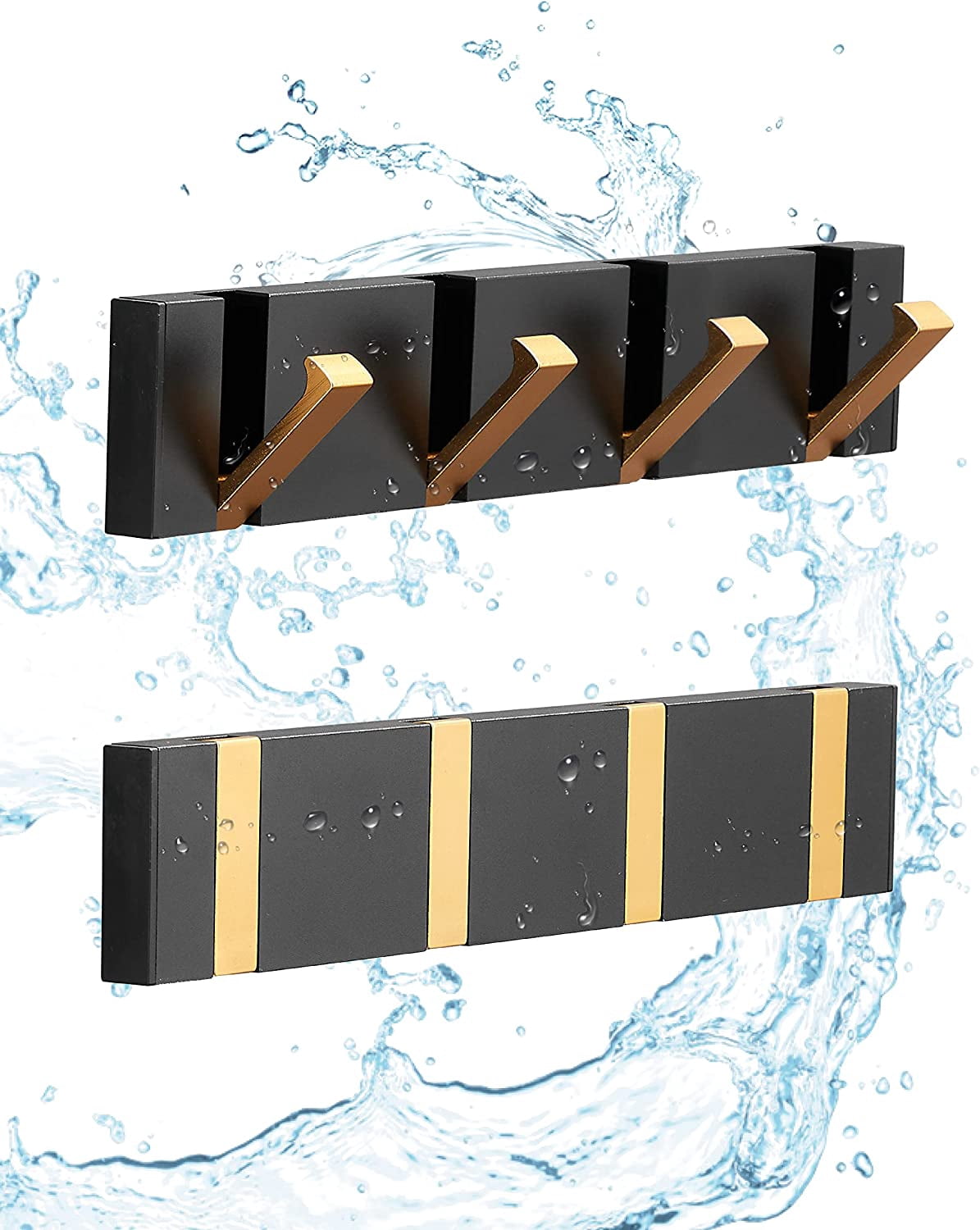 Highcool 2 Pack，Waterof Black Gold Towel Hooks，Space Saving Retractable ...