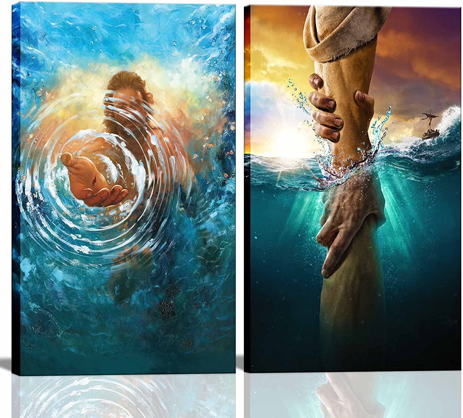 Highcool 2 Pcs Wall The Hand of God Reaching Into Water Christ Canvas ...