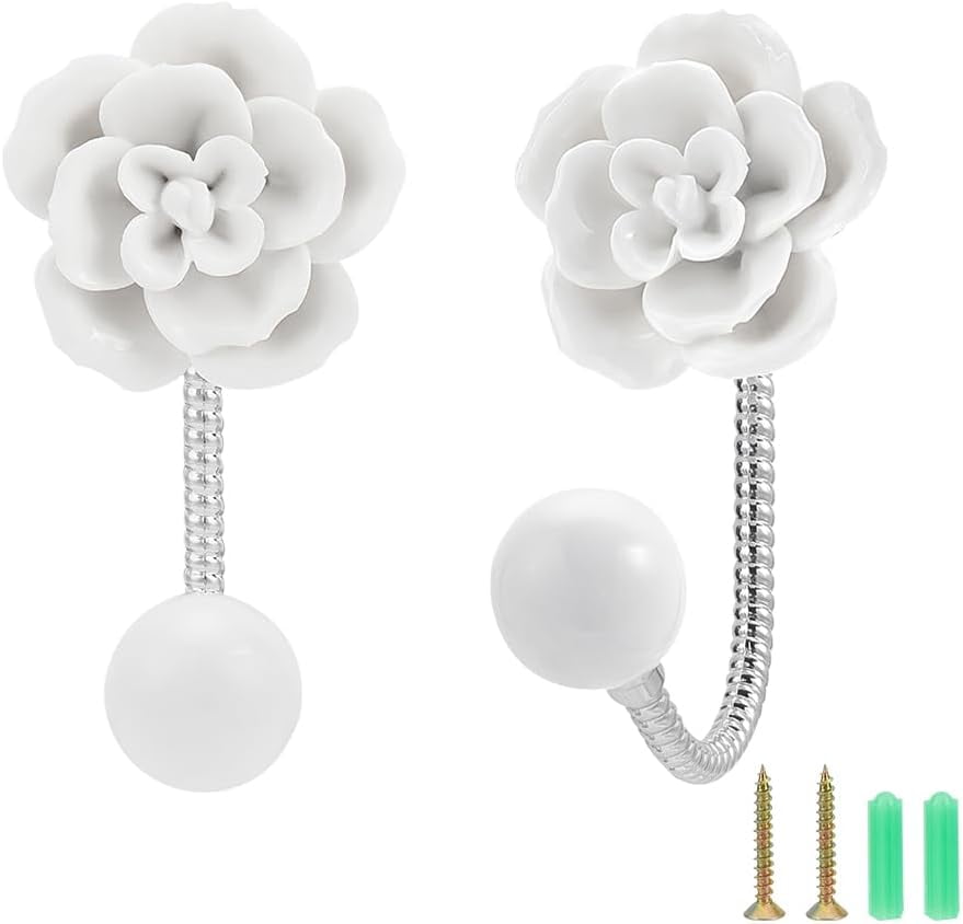 Highcool 2 Sets Flower Ceramic Wall Hooks, White Floral Wall Coat Hooks ...