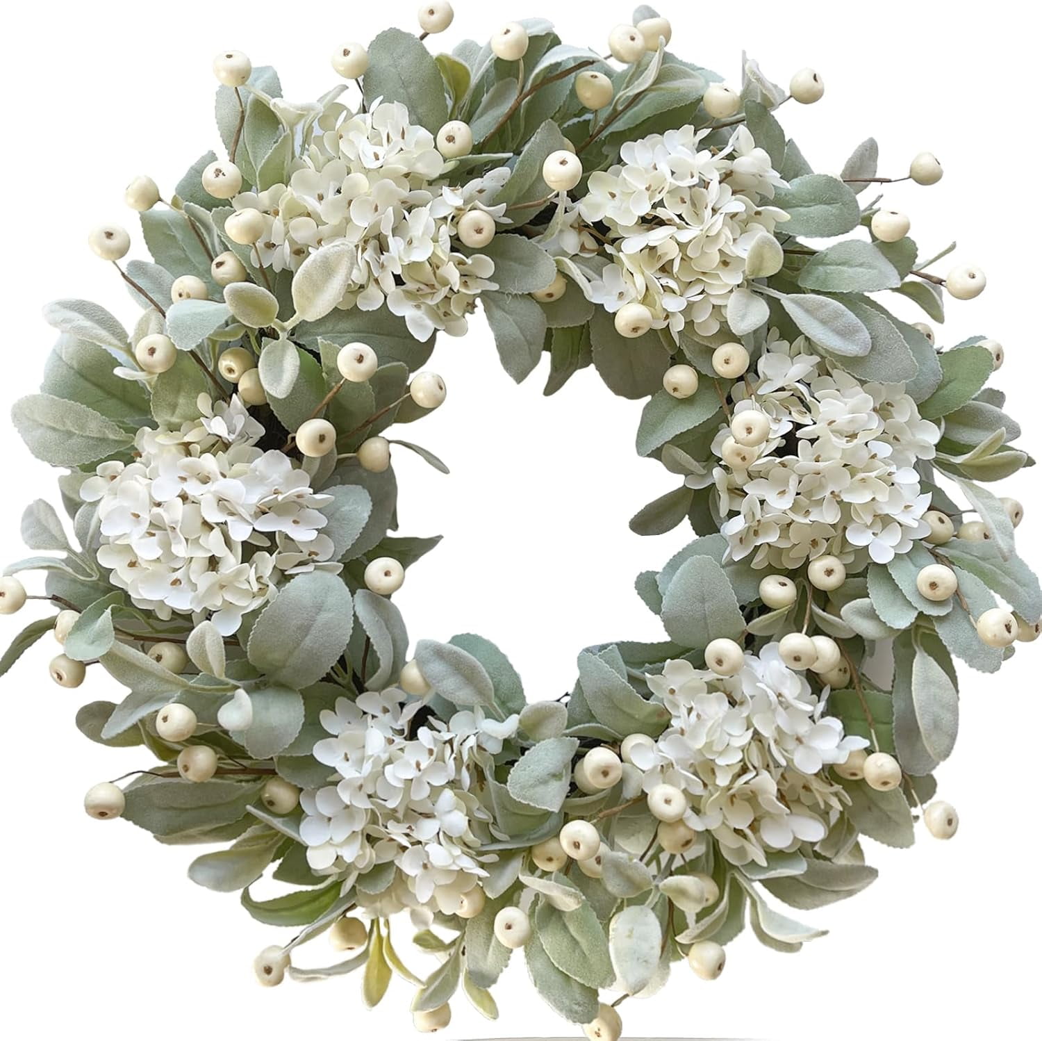 Highcool 22 Inch Lambs Ears Leaves Everyday Wreath with Hydrangea and ...