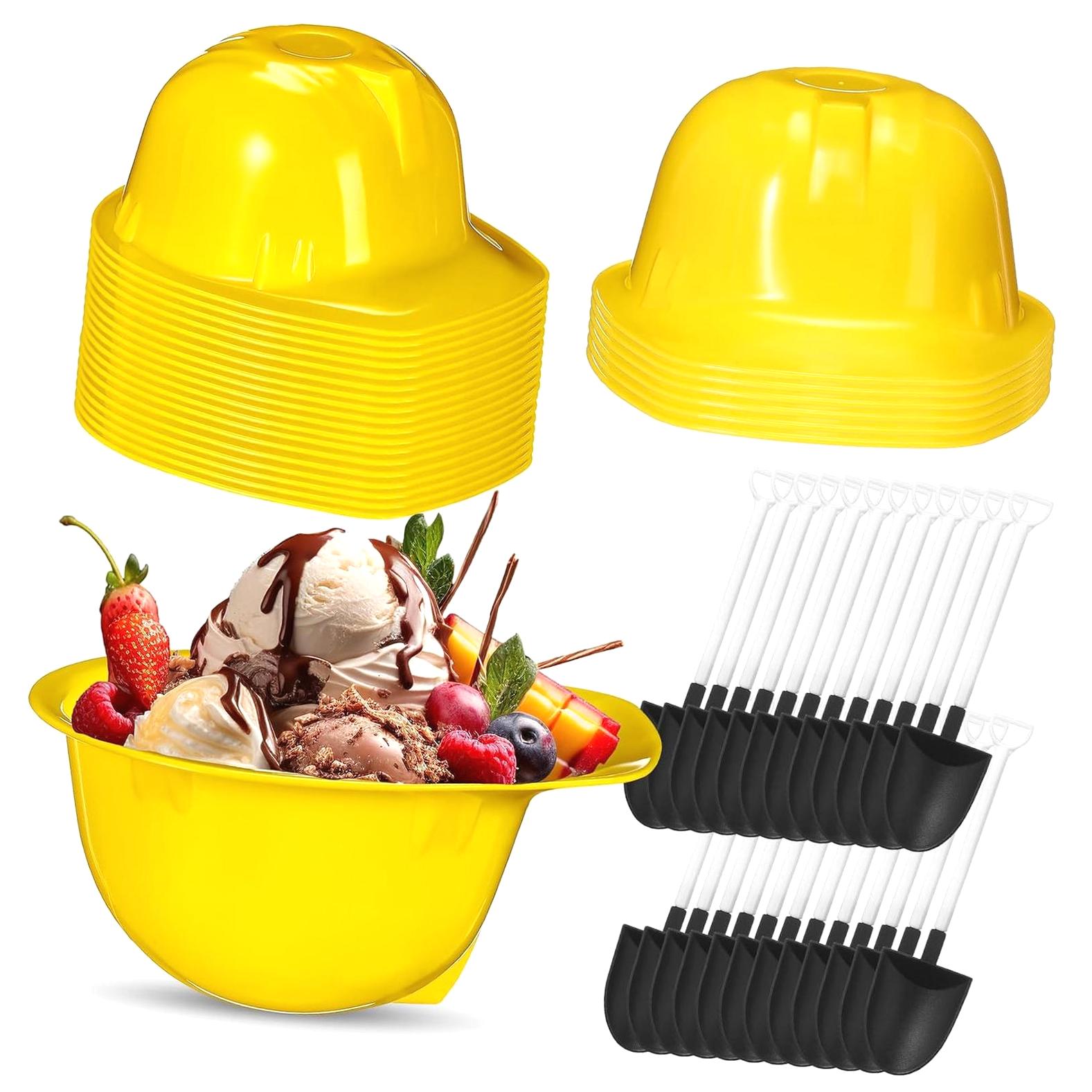 Highcool 24 Sets Construction Hat Ice Bowls Spoon Set, Plastic Snacks ...