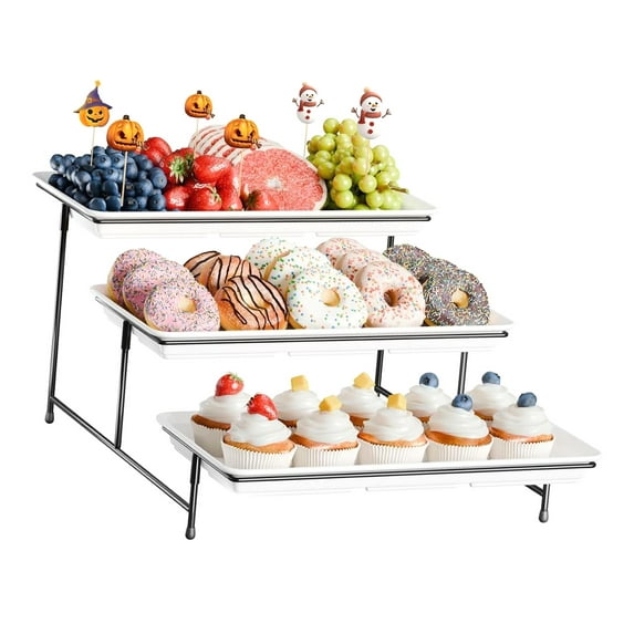 Highcool 3-Tier Melamine Set, 14"x7" Platters for Serving Food, White Trays with Metal Display ...