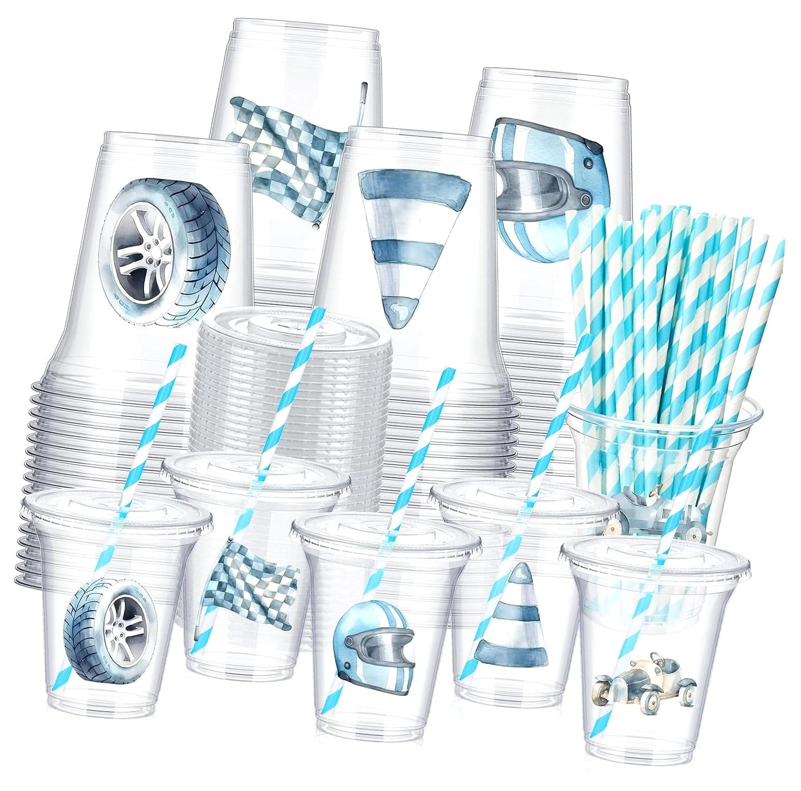 Highcool 36 Sets Watercolor Car Theme Cups with and Paper Straws 14 oz ...