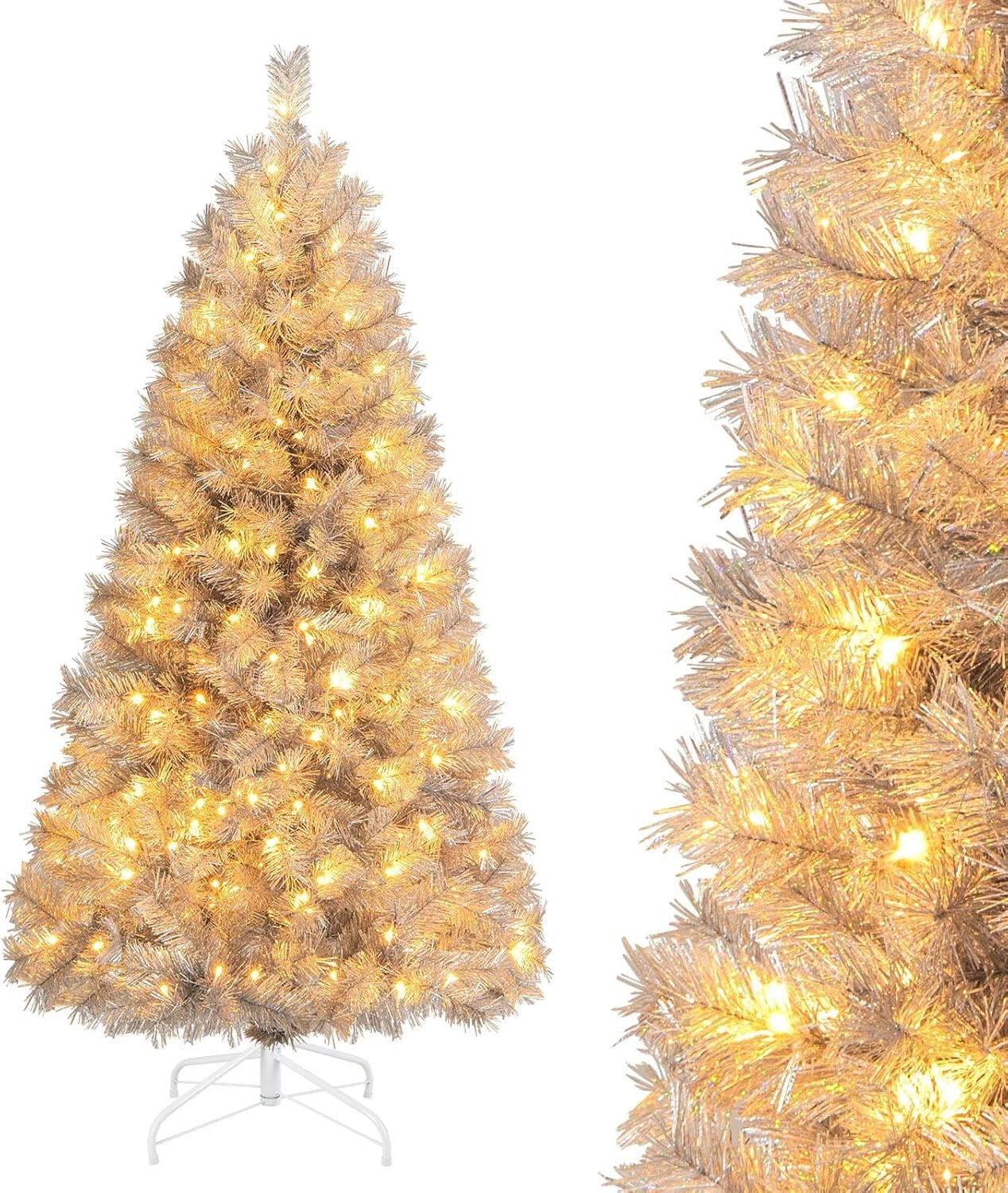 Highcool 5 FT Artificial Christmas Tree, Pre-Lit Xmas Tree with 385 Shimmering Tips, 170 Warm ...