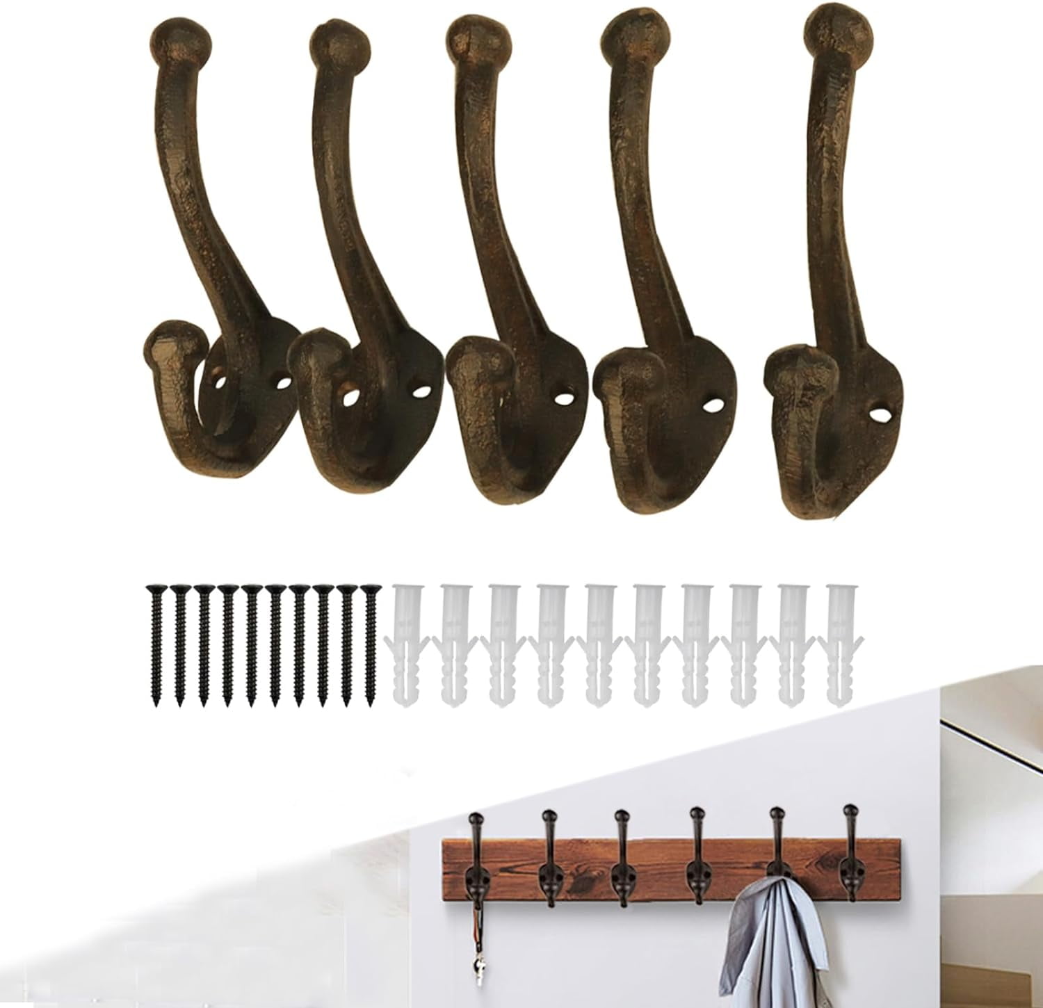 Highcool 5- Pack Heavy Duty Cast Iron Hooks Vintage Wall Mounted Hooks ...