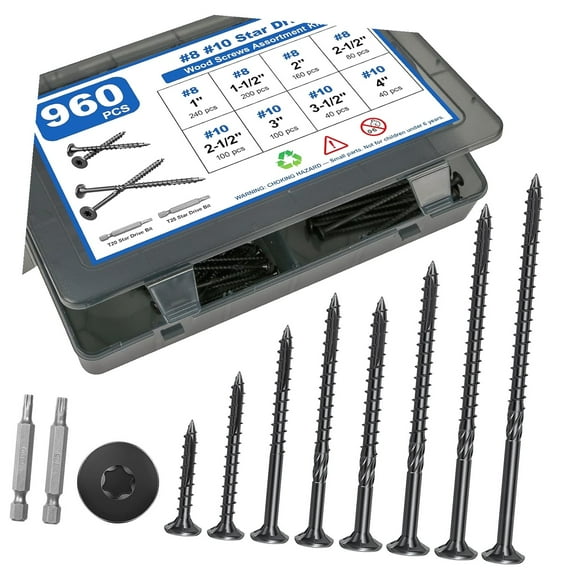 Highcool 960Pcs Deck Screws, #8#10 Wood Screws Kit, 8 Sizes Assorted ...