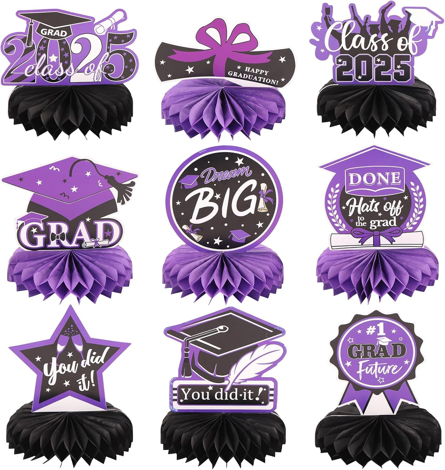 Highcool 9pcs Bla Congrats Grad Honeycomb Centerpieces 2025 Graduation ...