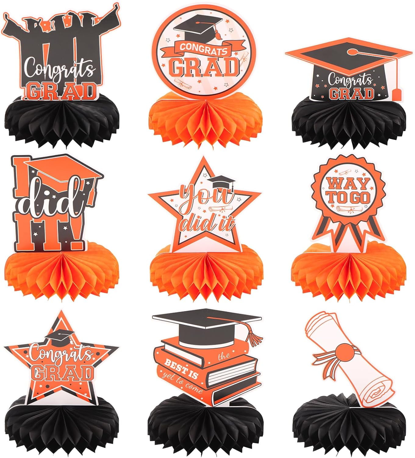 Highcool 9pcs Bla Orange Congrats Grad Honeycomb Centerpieces 2025 ...