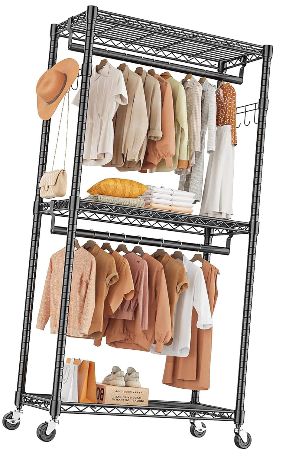 Highcool Adjustable Garment Rack on Wheels, Freestanding Metal Closet ...