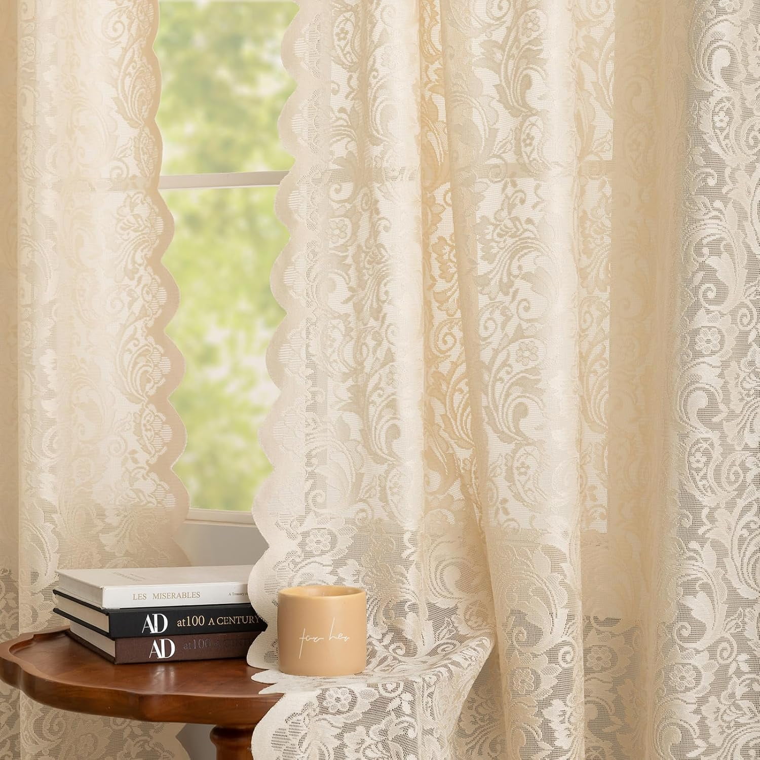 Highcool Beige Lace Curtains 63 Inch Length Short Sheer Floral Curtains ...