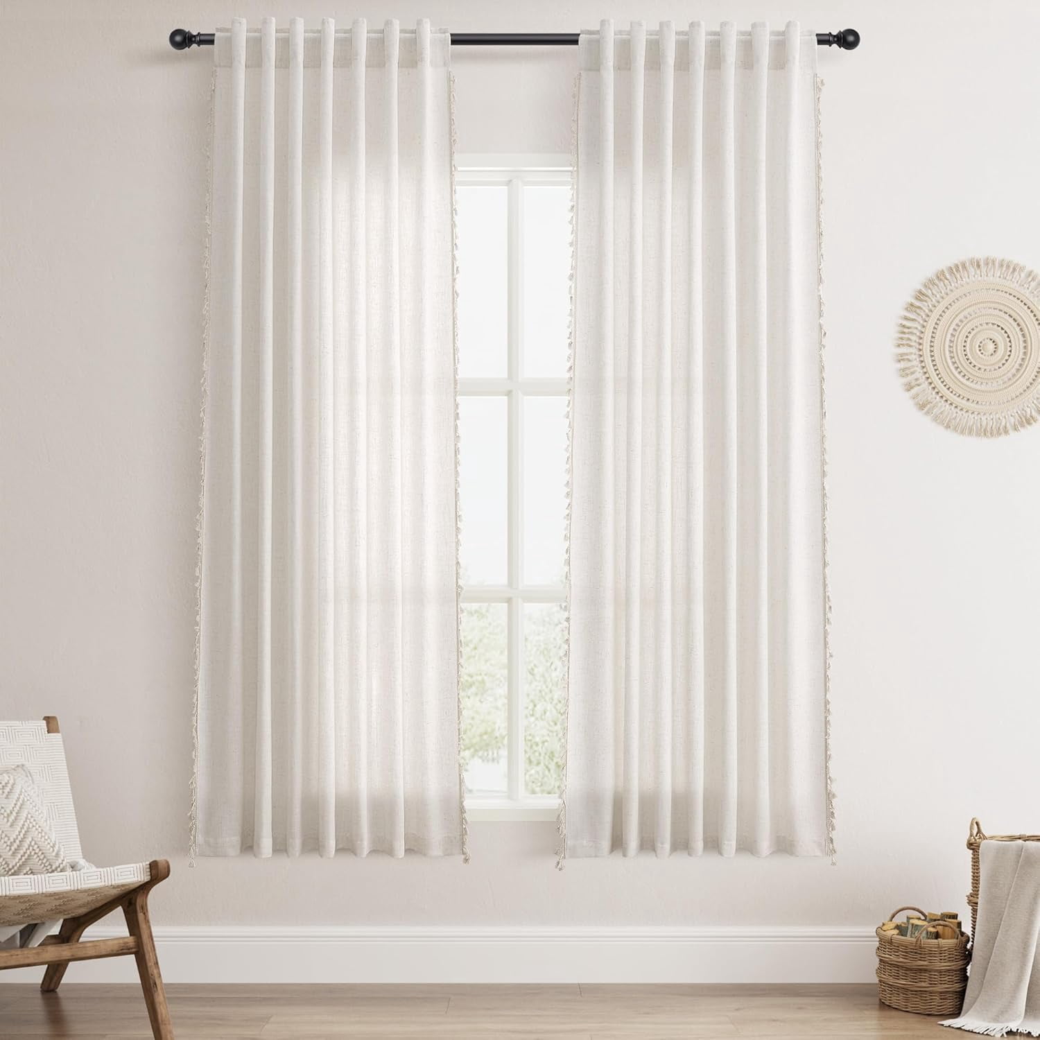 Highcool Beige Linen Small Curtains 63 Inches Long 2 Panels Textured ...