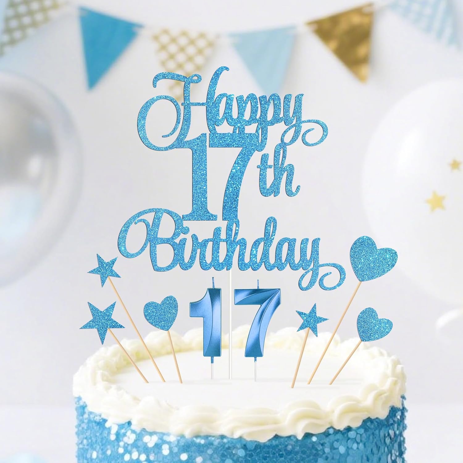 Highcool Blue Happy 17th Birthday Cake Decorations, Glitter 17th ...