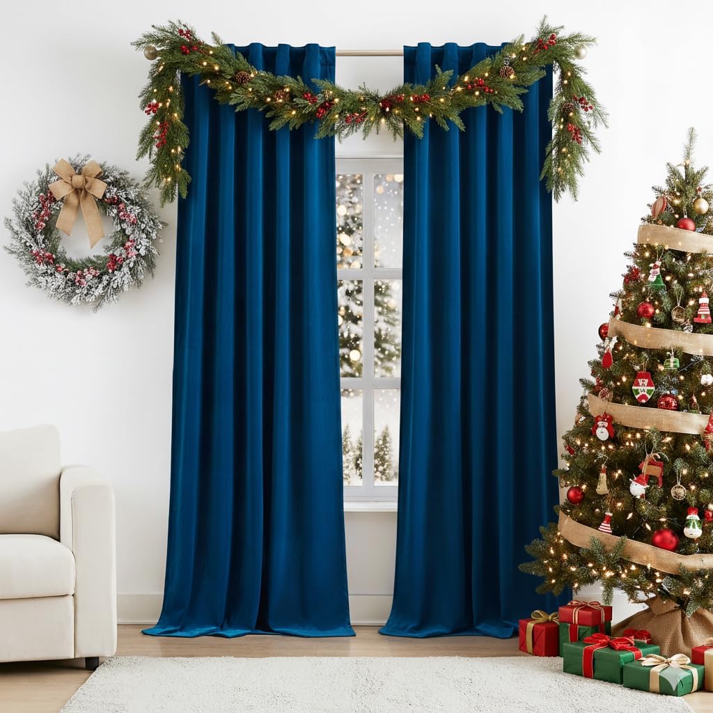 Highcool Blue Velvet Curtains for Bedroom 42"x84" Long Room Darkening ...