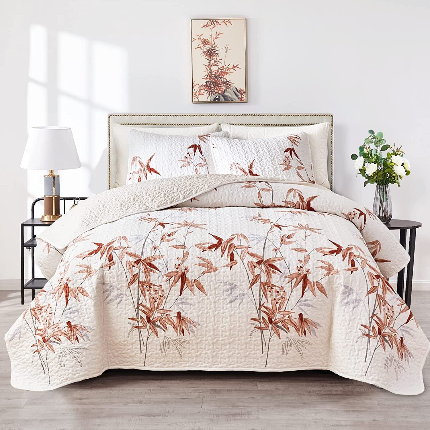 Highcool Botanical Quilt Set 3 Pieces, Burnt Orange Leaves White Design ...