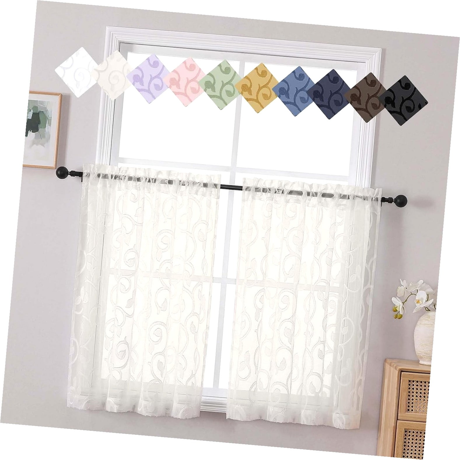 Highcool Cafe Curtains 36 Inch Length Tier 2 Panels Set, Soft Geometric ...
