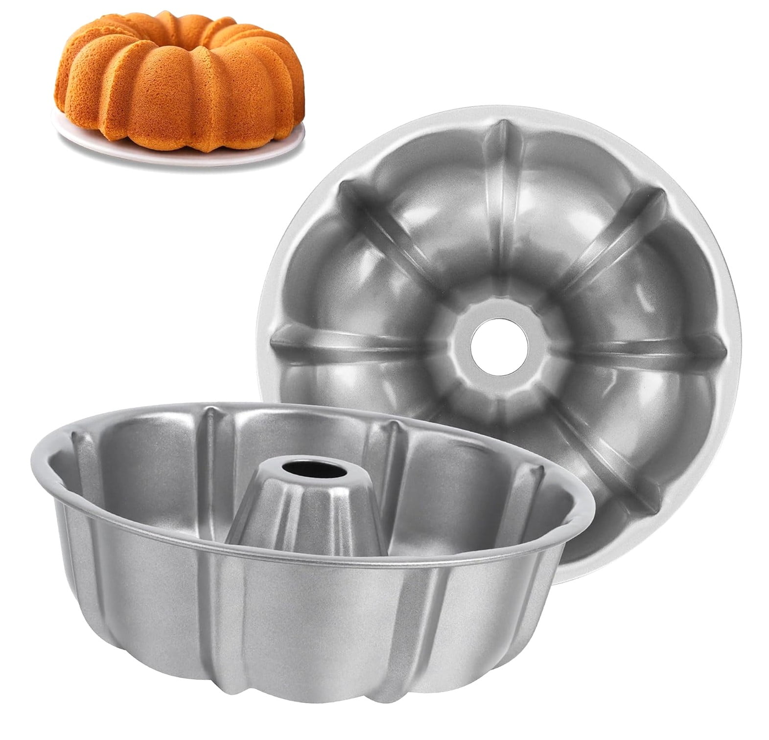 Highcool Cake Pan 10 Inch, 2-Pack Carbon Steel Fluted Tube Round Pans 10 Cups for Baking Pound ...