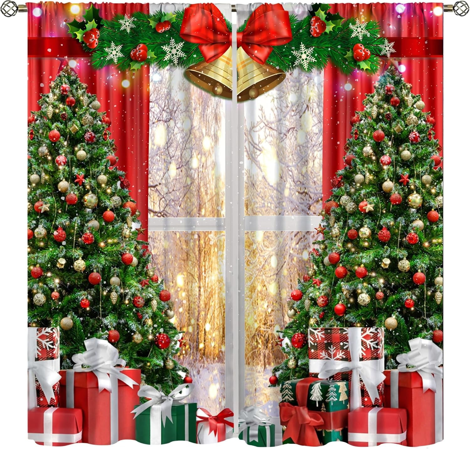 Highcool Christmas Window Curtains, Christmas Tree Curtains Snow Winter ...