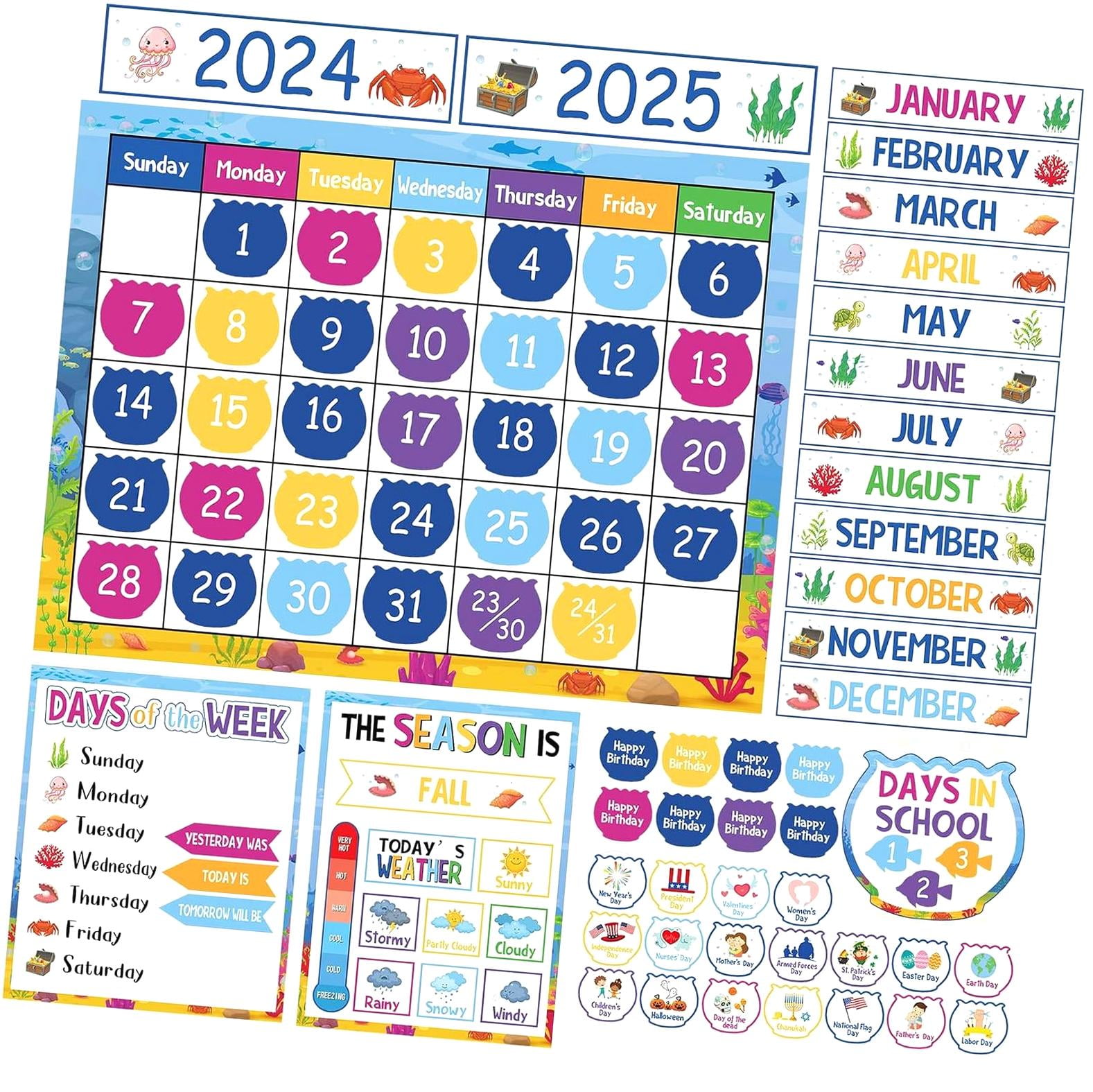 Highcool Classroom Calendar Bulletin Board Sets Sea Animals Pocket ...