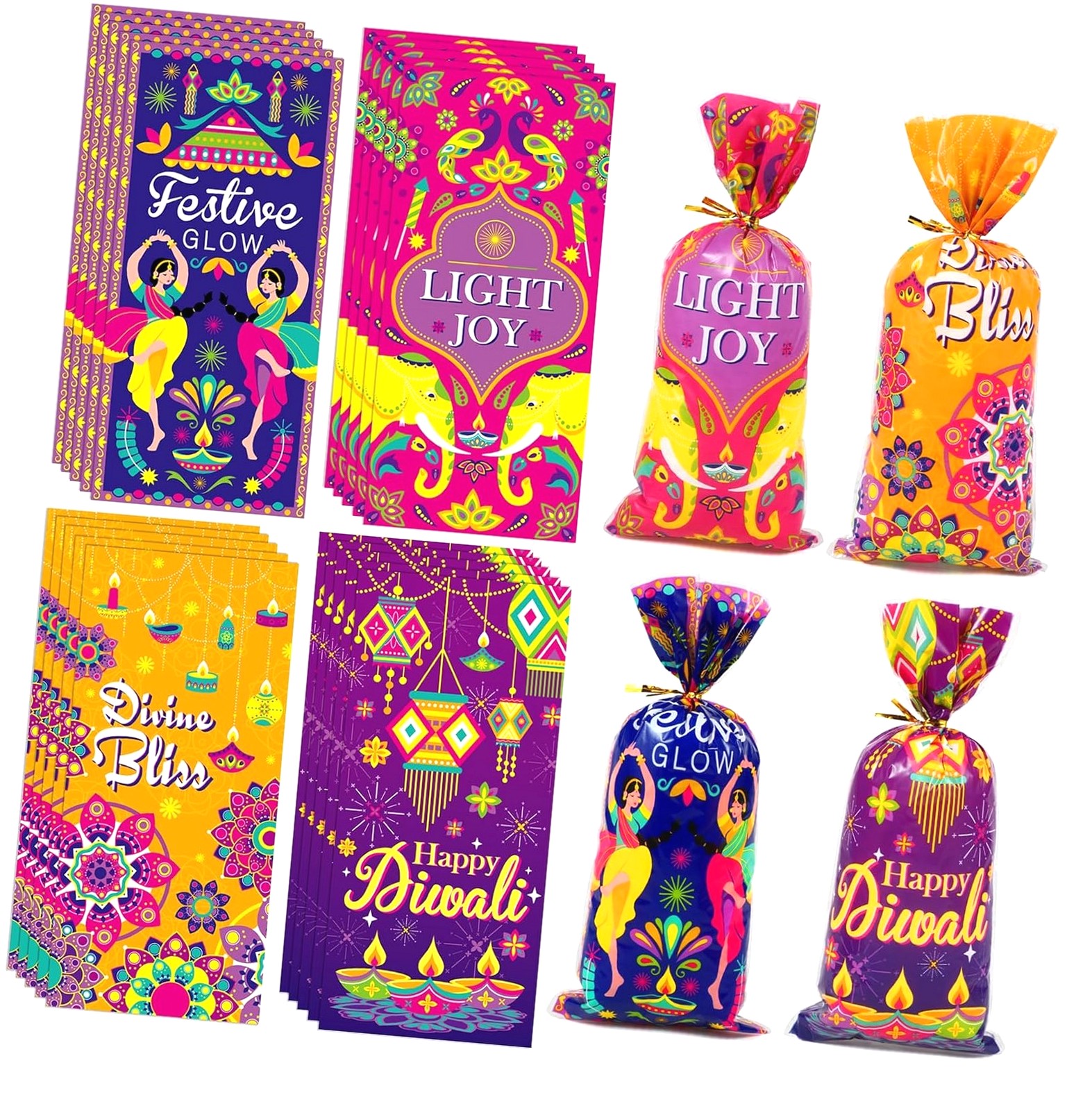 Highcool Happy Diwali, 100 Pack Cellophane Bags with Ties Cookie Bags ...
