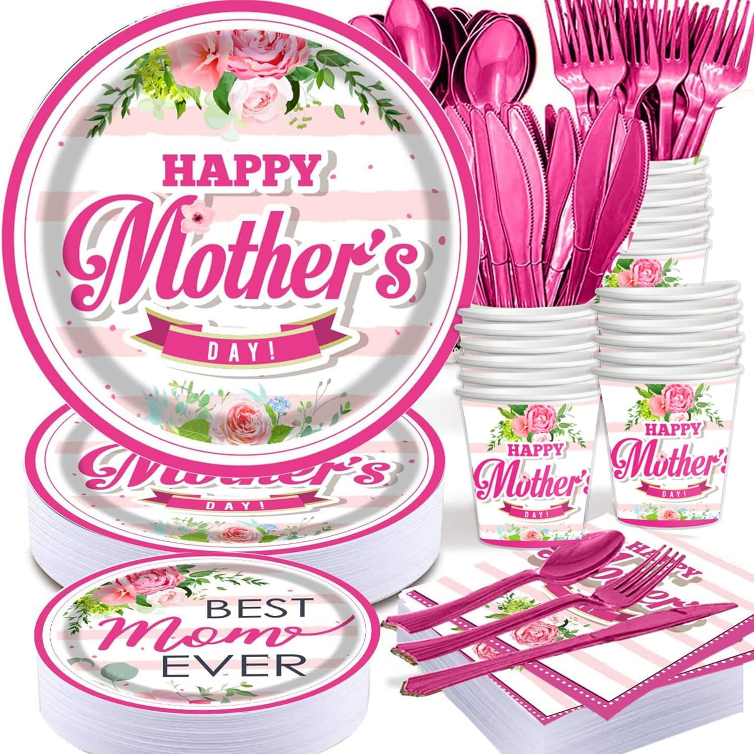 Highcool Hpy Mothers Day Party Supplies Tableware Set - 25 Set Floral Flowers Disposable ...
