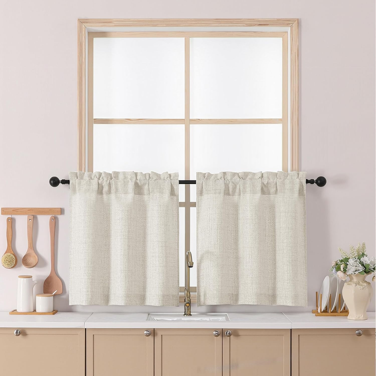 Highcool Kitchen Curtains 24 Inch Length, Light Filtering Faux Linen ...