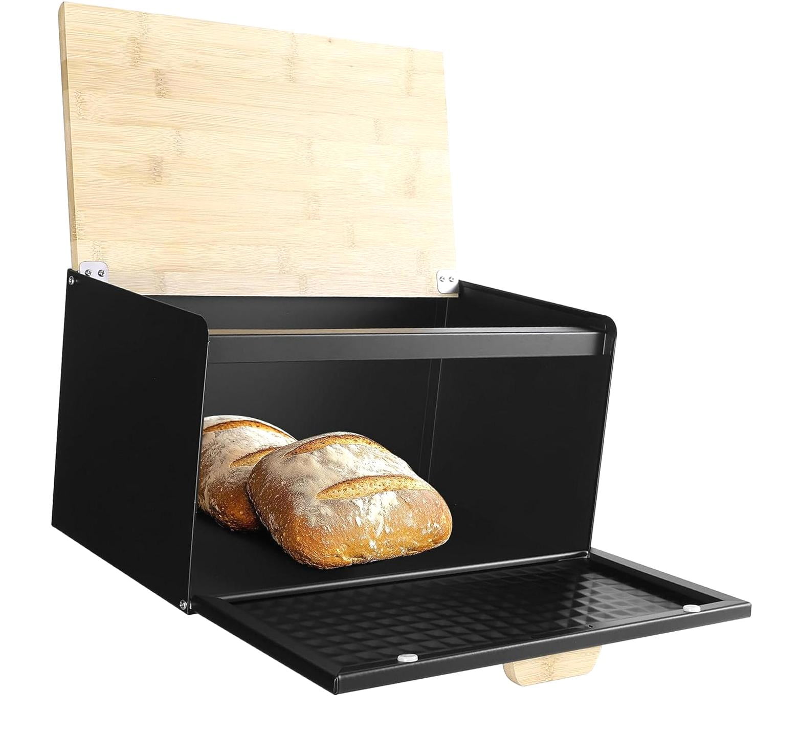 Highcool Metal Bread Bin Container with Bamboo Lid - Large Aesthetic Black Bread Bins for the ...