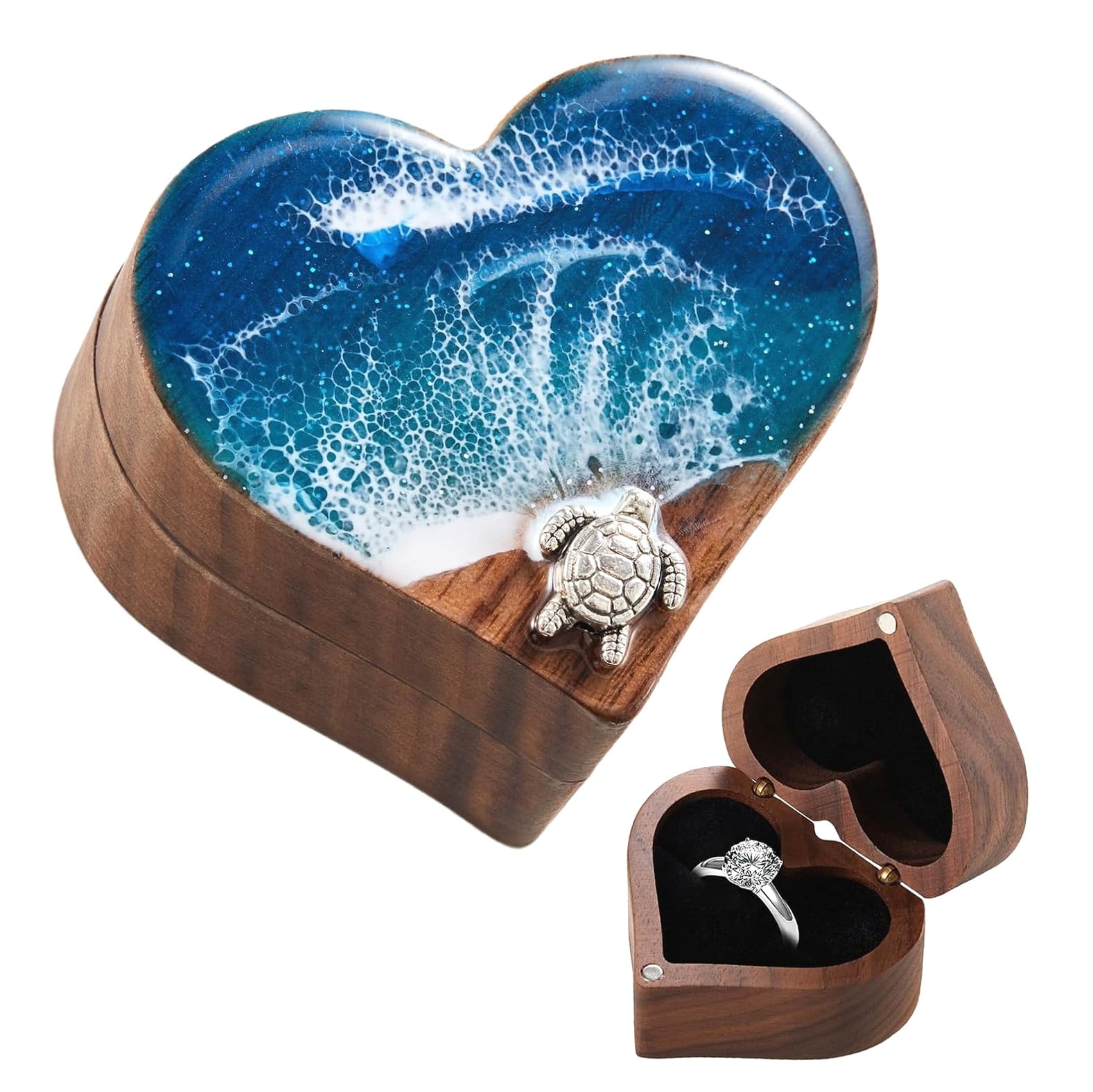 Highcool Ocean Heart Engagement Box, Walnut Wooden Box, Birthday for ...