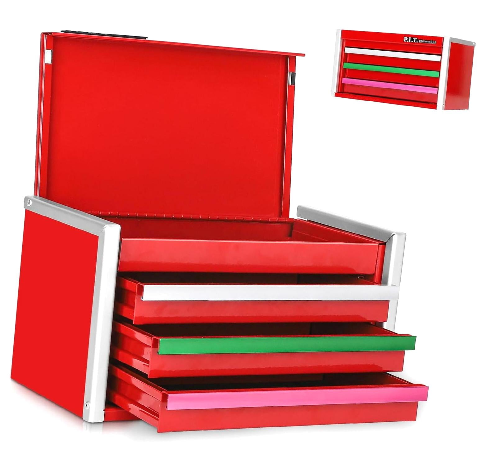 Highcool P.I.T. Mini Red Tool Box, Portable 3 Colorful Drawer Steel Tool Box with Magnet Tab Lo ...