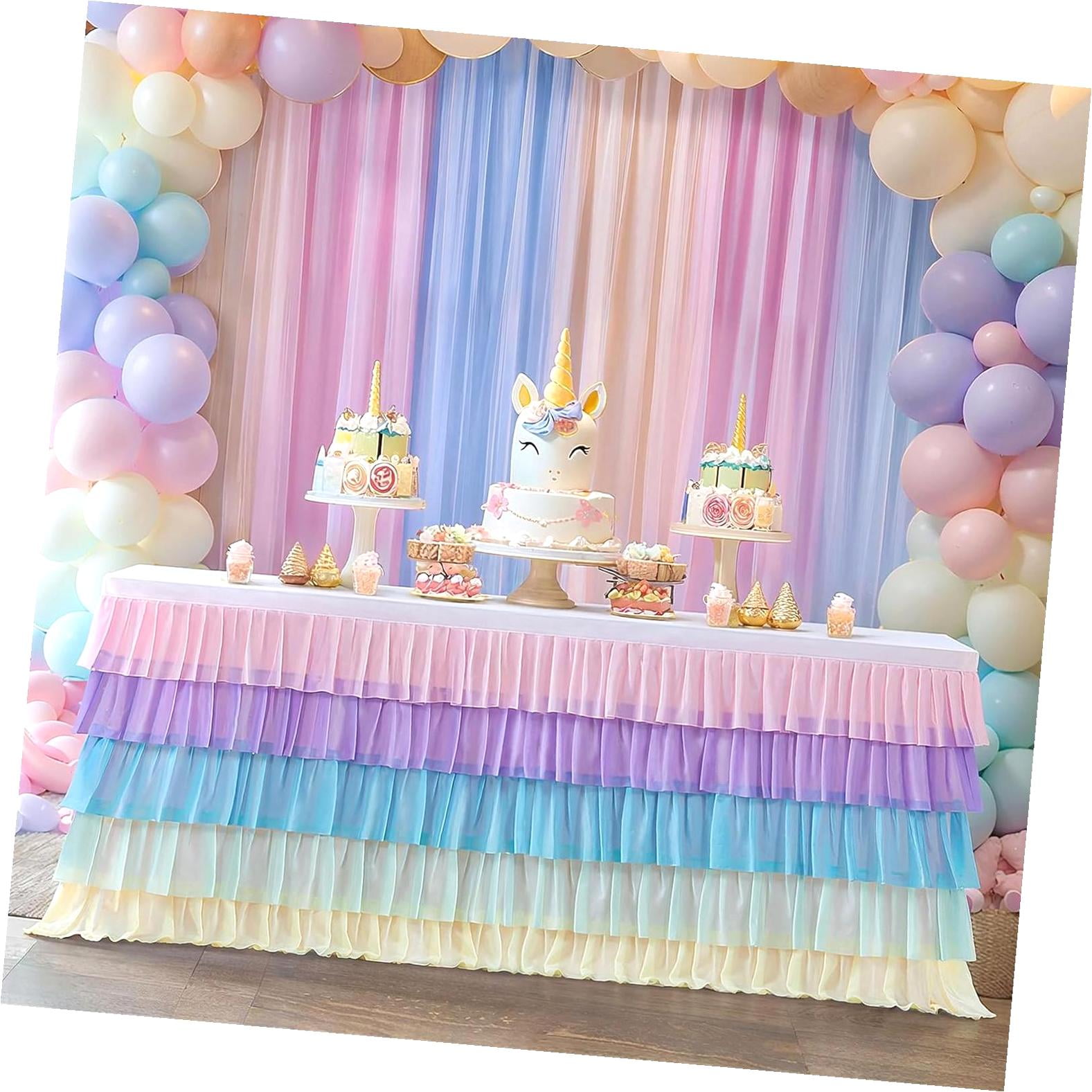 Highcool Pastel Rainbow Table Skirt Ruffle Party Tablecloth for 6ft ...